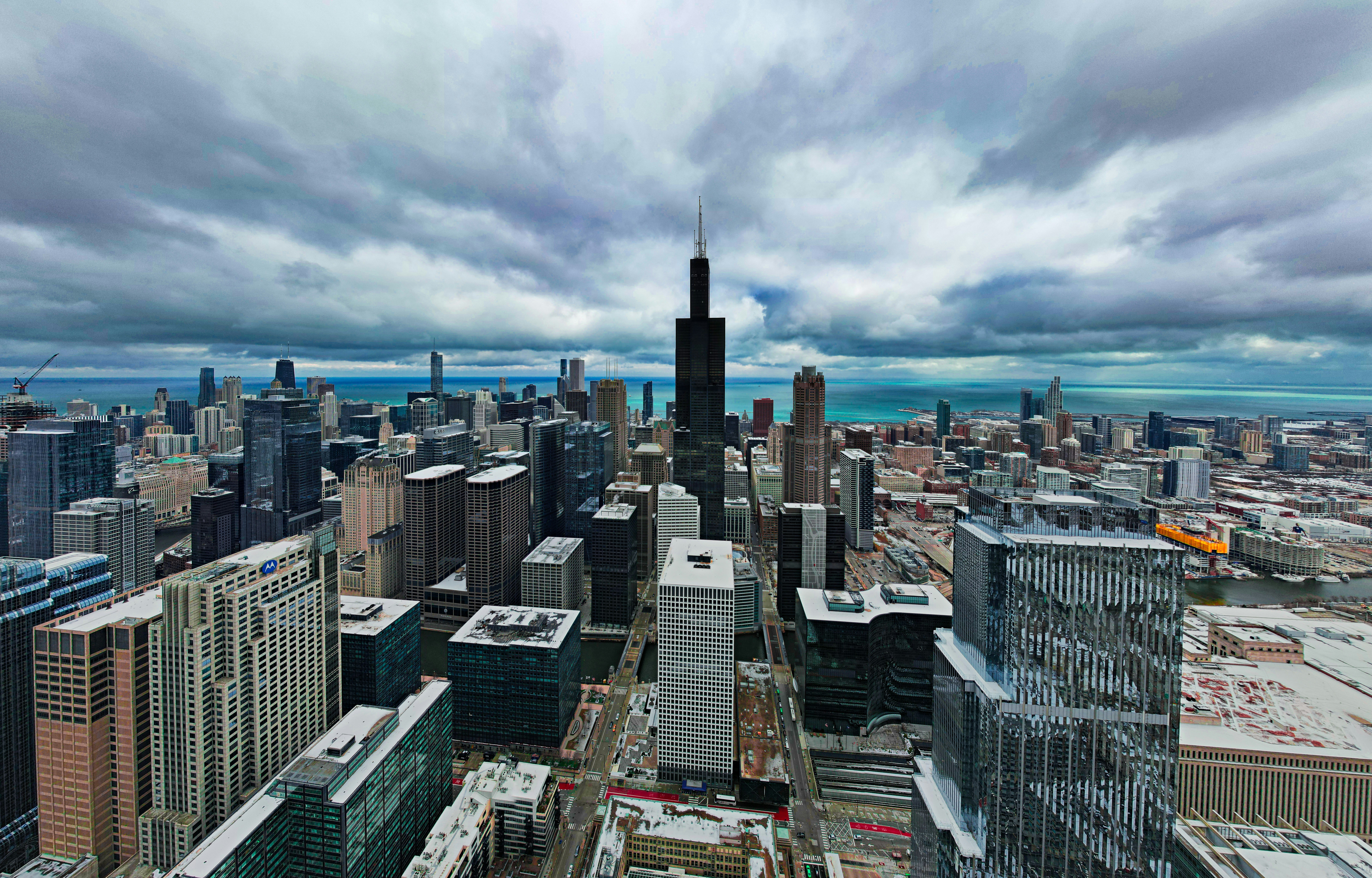 Willis Tower at the Center: A Drone View into Chicago's Glass Grid