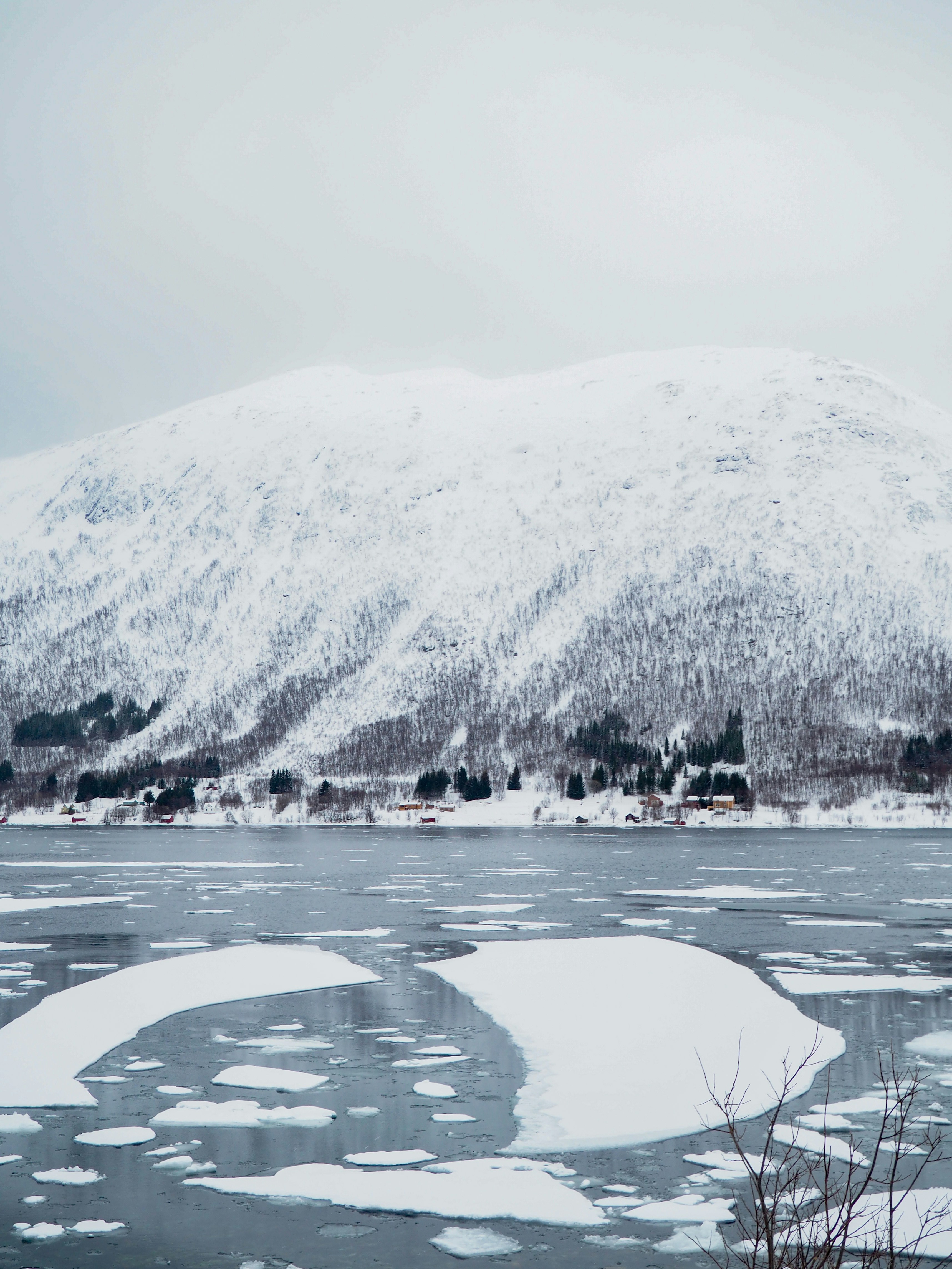 A mountain covered in snow next to a body of water photo – Free Grey ...
