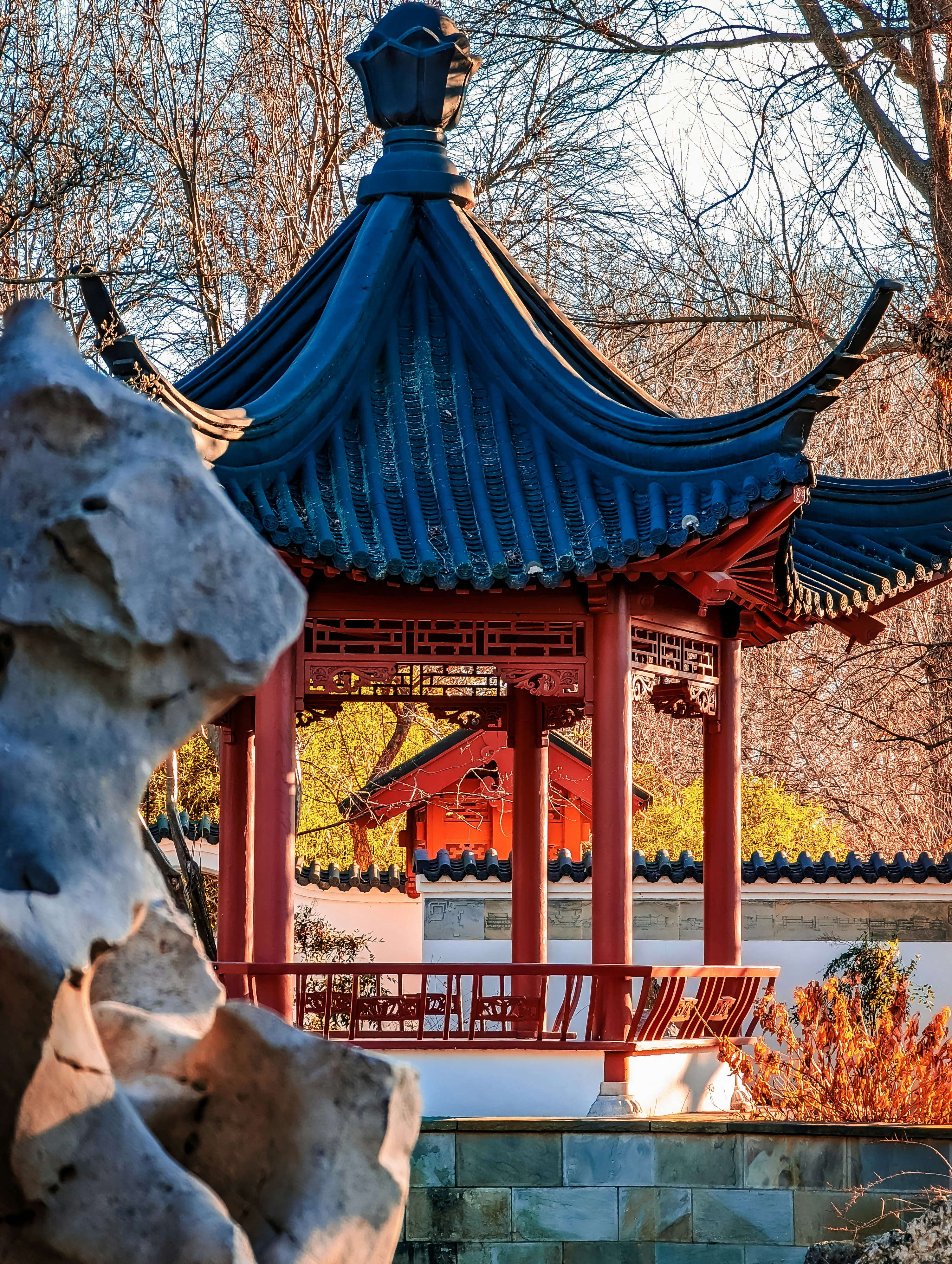 Blue-Tiled Pavilion in Quiet Winter Sun