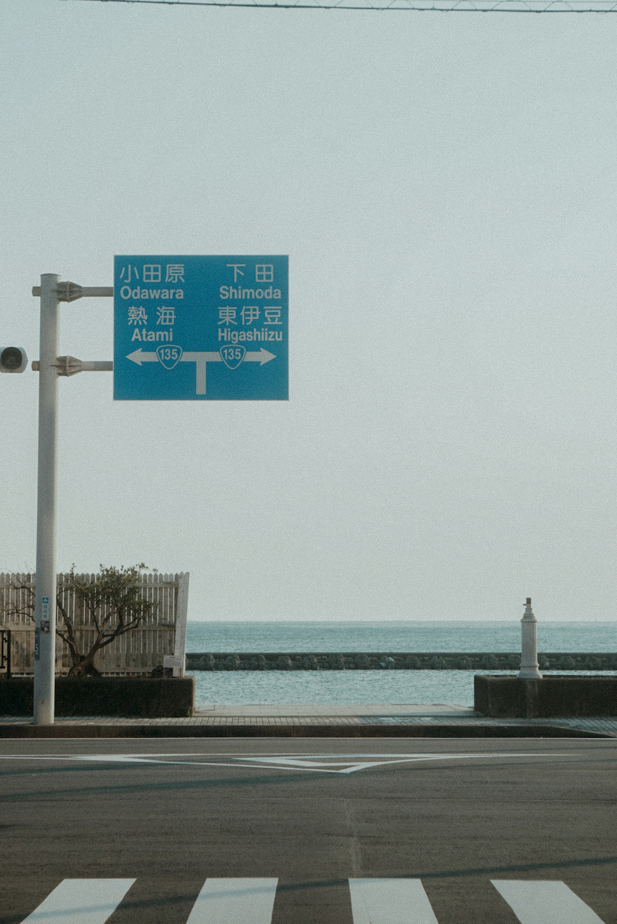 Directional signpost indicating routes to Odawara, Atami, Shimoda, and Higashiizu near a serene waterfront.