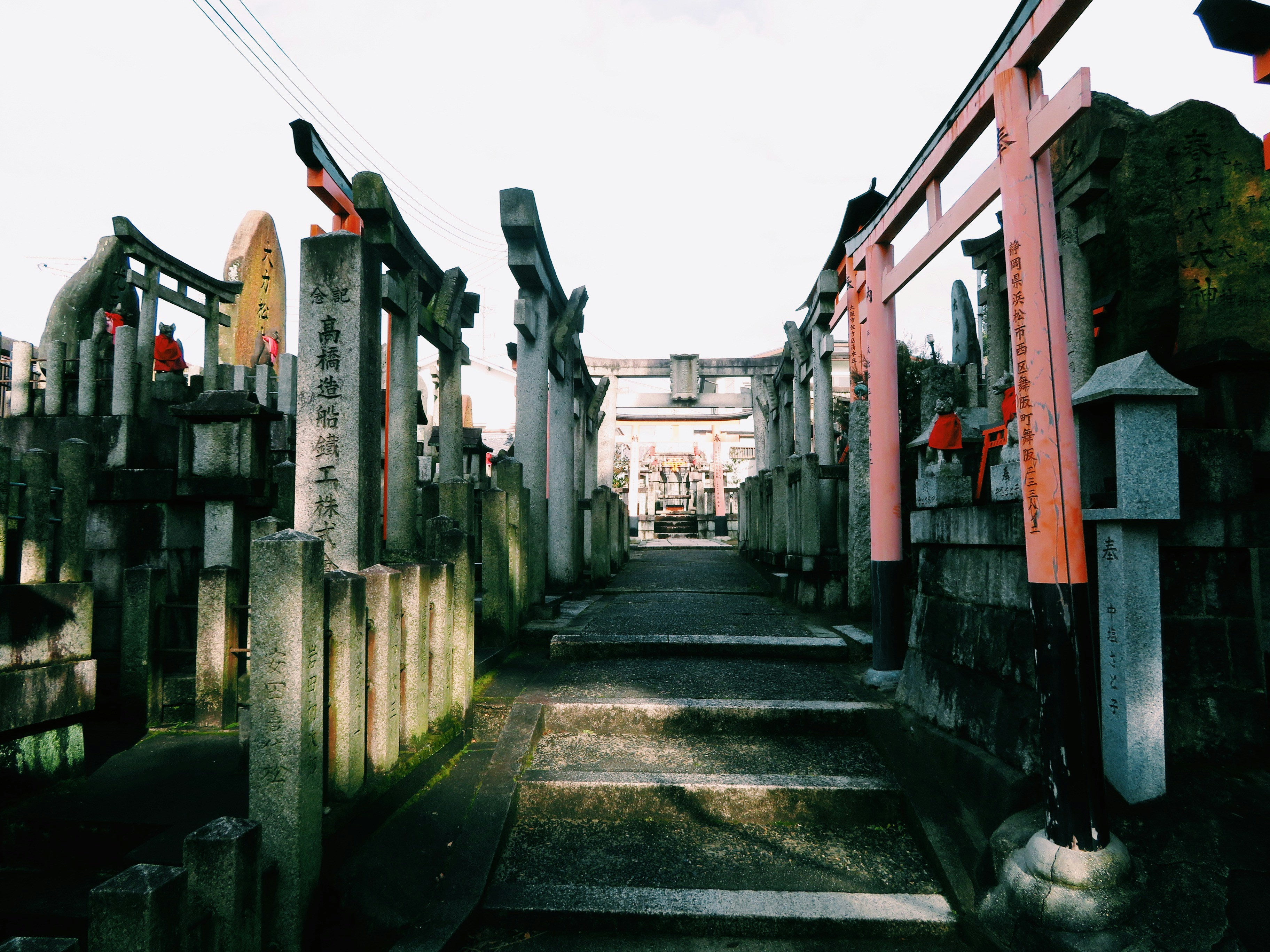 Stone torii gates lining a narrow pathway, leading to a shrine, illuminated by soft natural light.