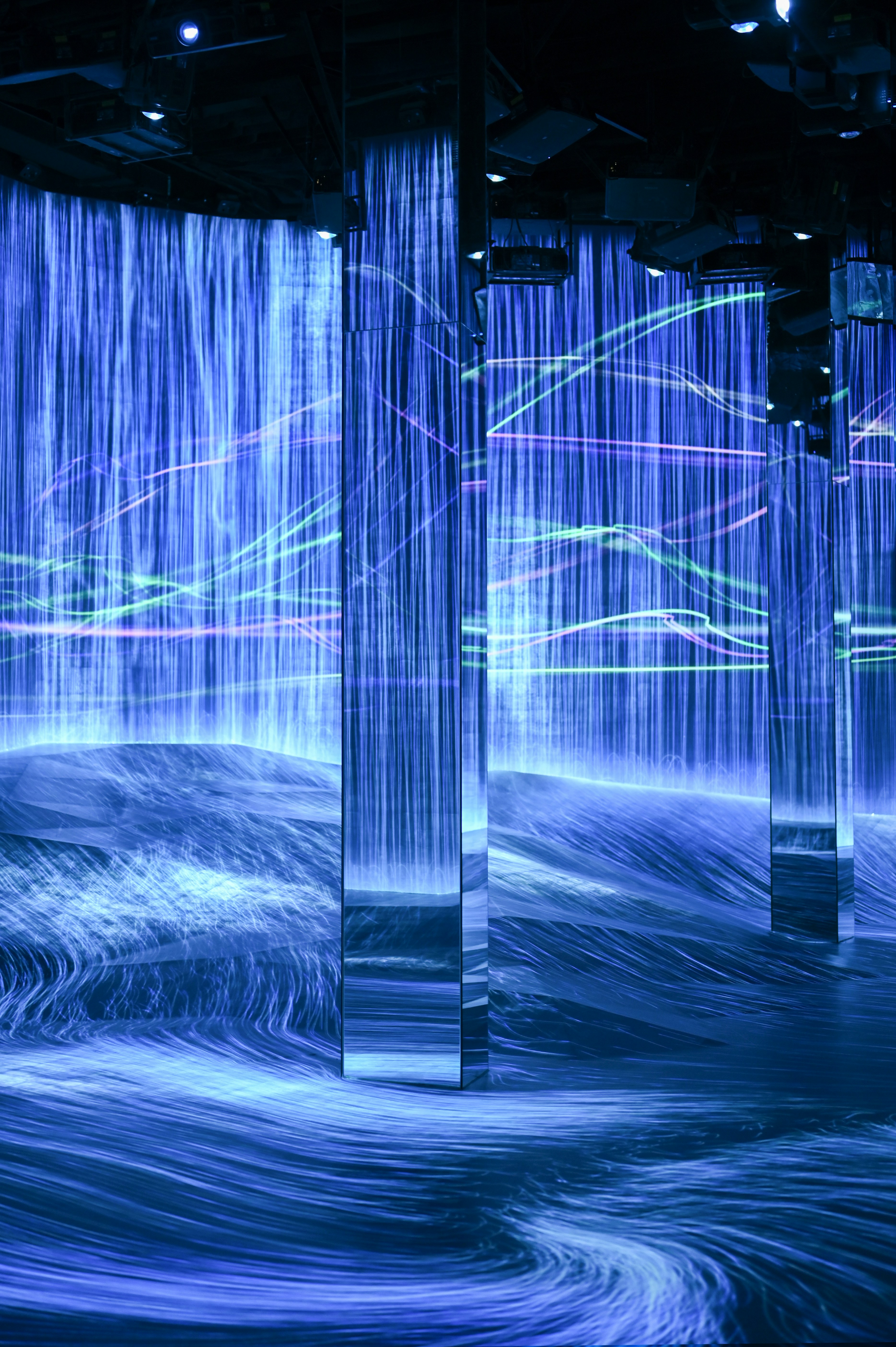 Liquid Light Labyrinth: Blue Reflections in a Mirror Corridor