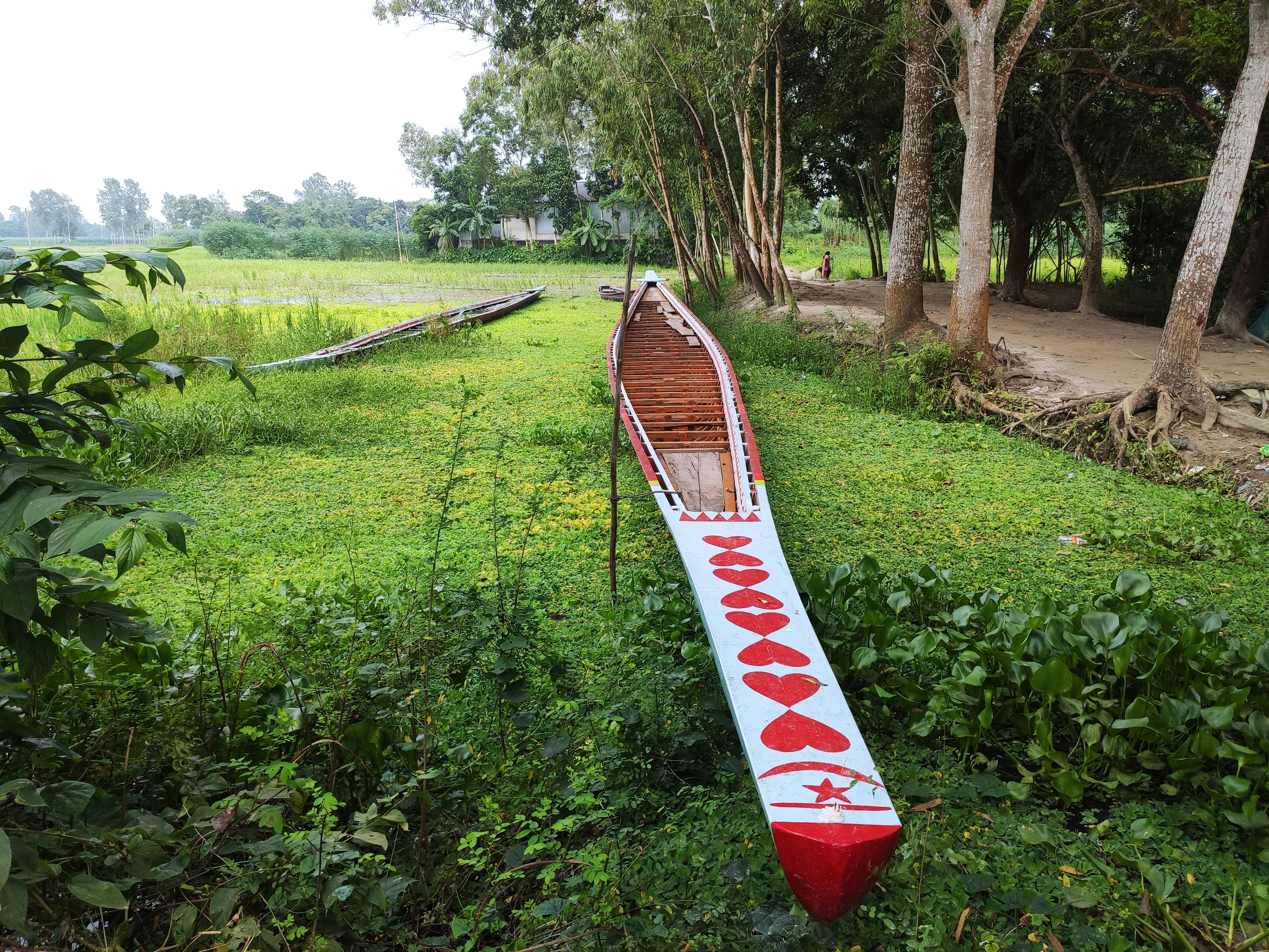 Heart-Patterned Canoe at the Riverbank