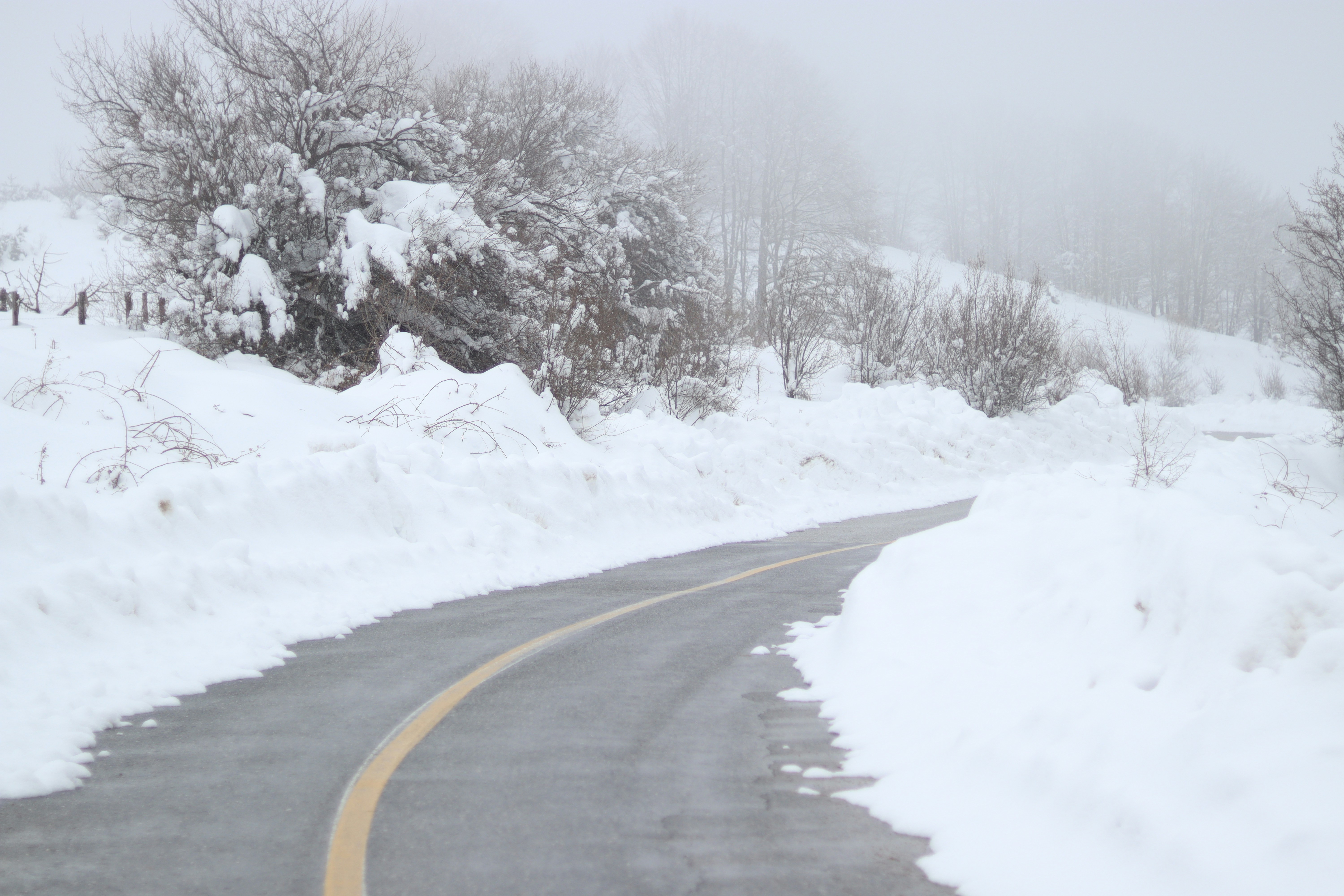 Curved road winding through a snow-covered landscape, framed by frosted trees and a misty atmosphere.