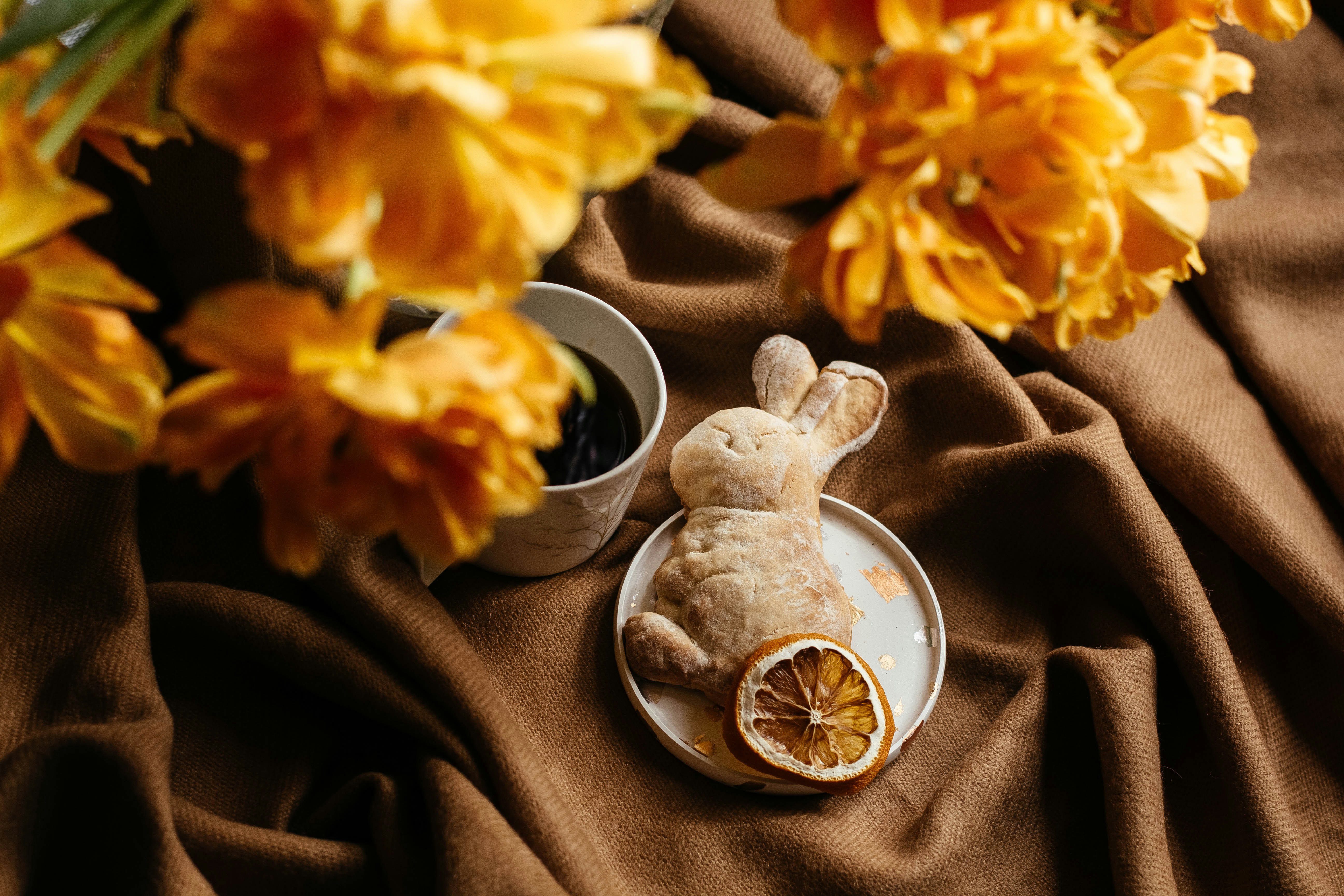 Velvet Cocoa Morning: A Tiny Plush Bunny Among Daffodils and Citrus Slices
