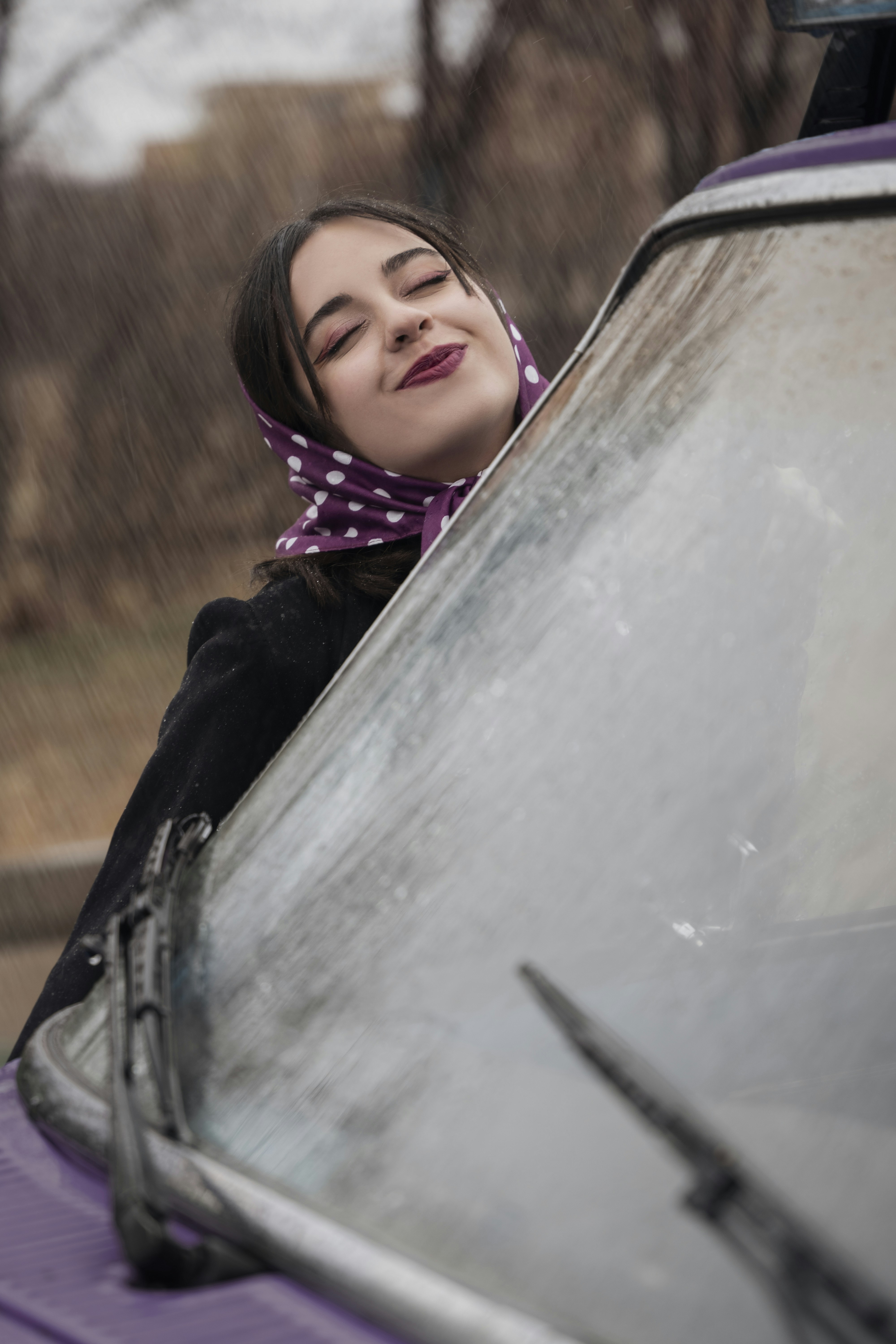 Snowy Glance: A Purple-Scarf Moment on a Frosted Driveway