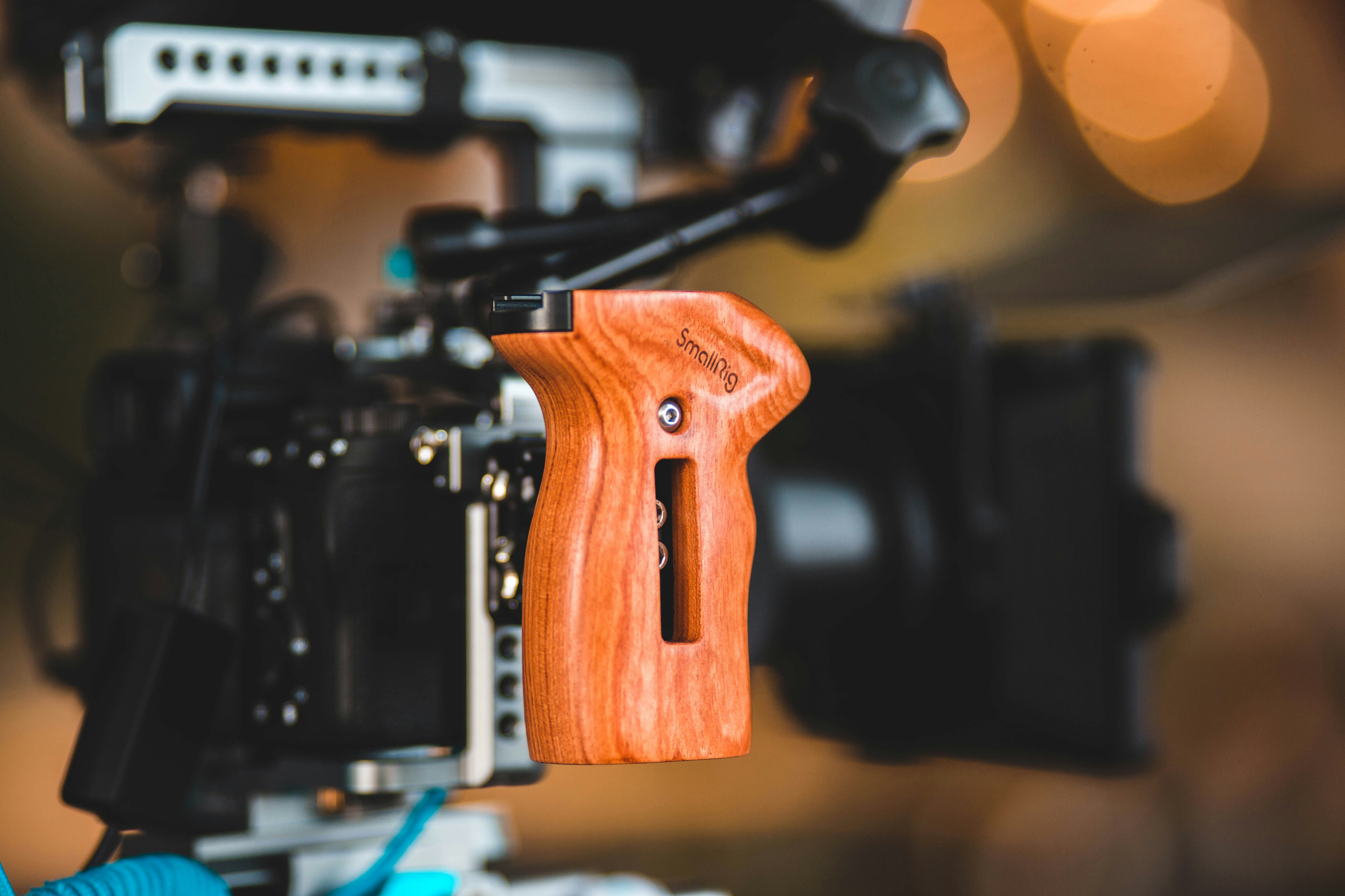 Wooden Grip on a Behind-the-Scenes Cinema Rig