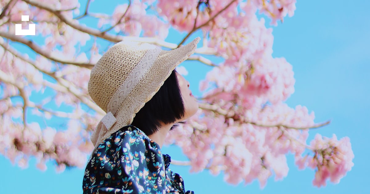 Foto Una Mujer Parada Debajo De Un árbol Con Flores Rosadas Imagen