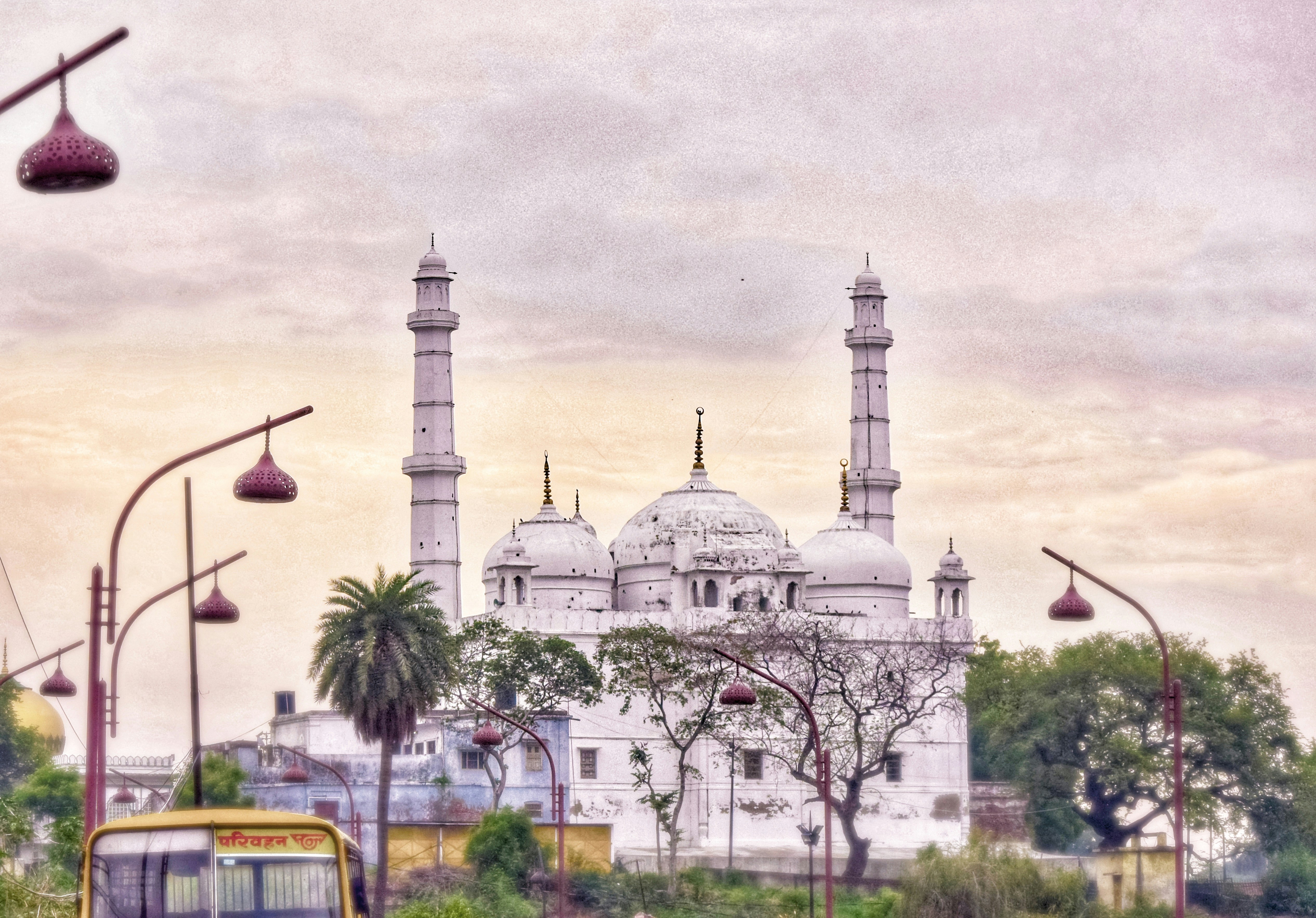 Domefront in the City: A White Mosque Framed by Palm Trees and Vintage Lamps at Dusk
