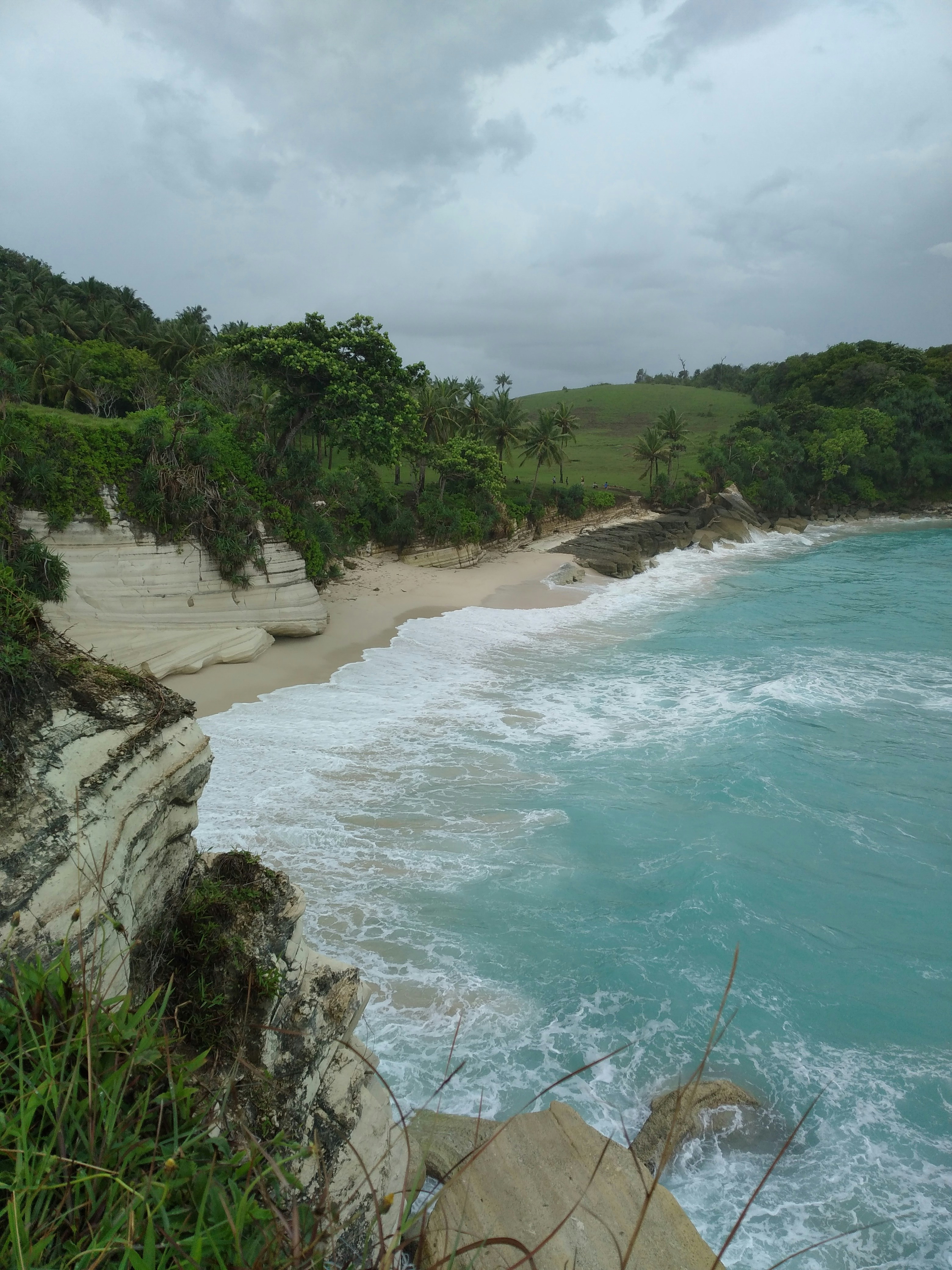 Waves gently lap against a rocky shoreline, framed by lush greenery and a sandy beach in the distance. A tranquil coastal scene under an overcast sky.