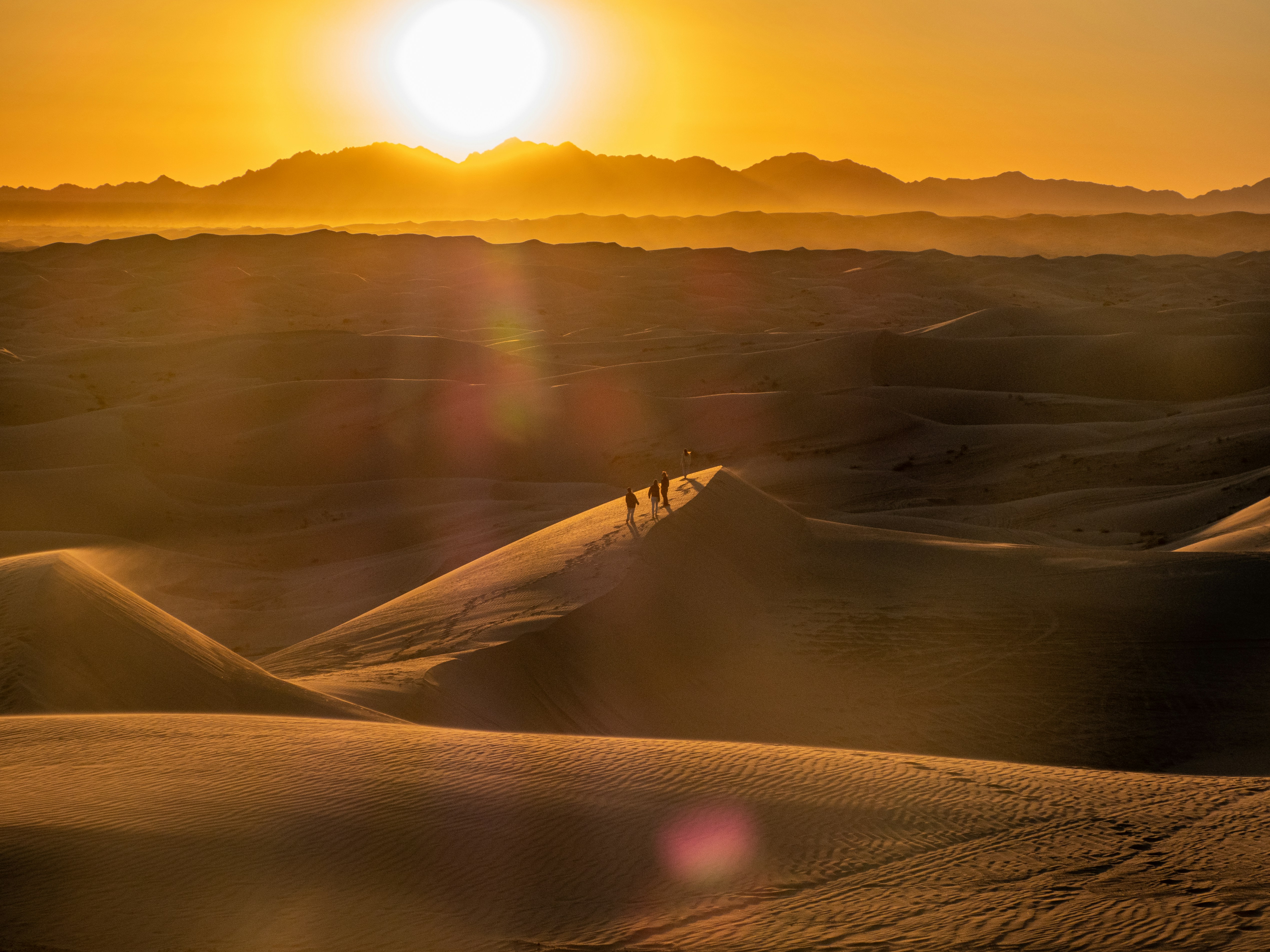 Two Silhouettes on a Golden Dune Ridge at Sunset
