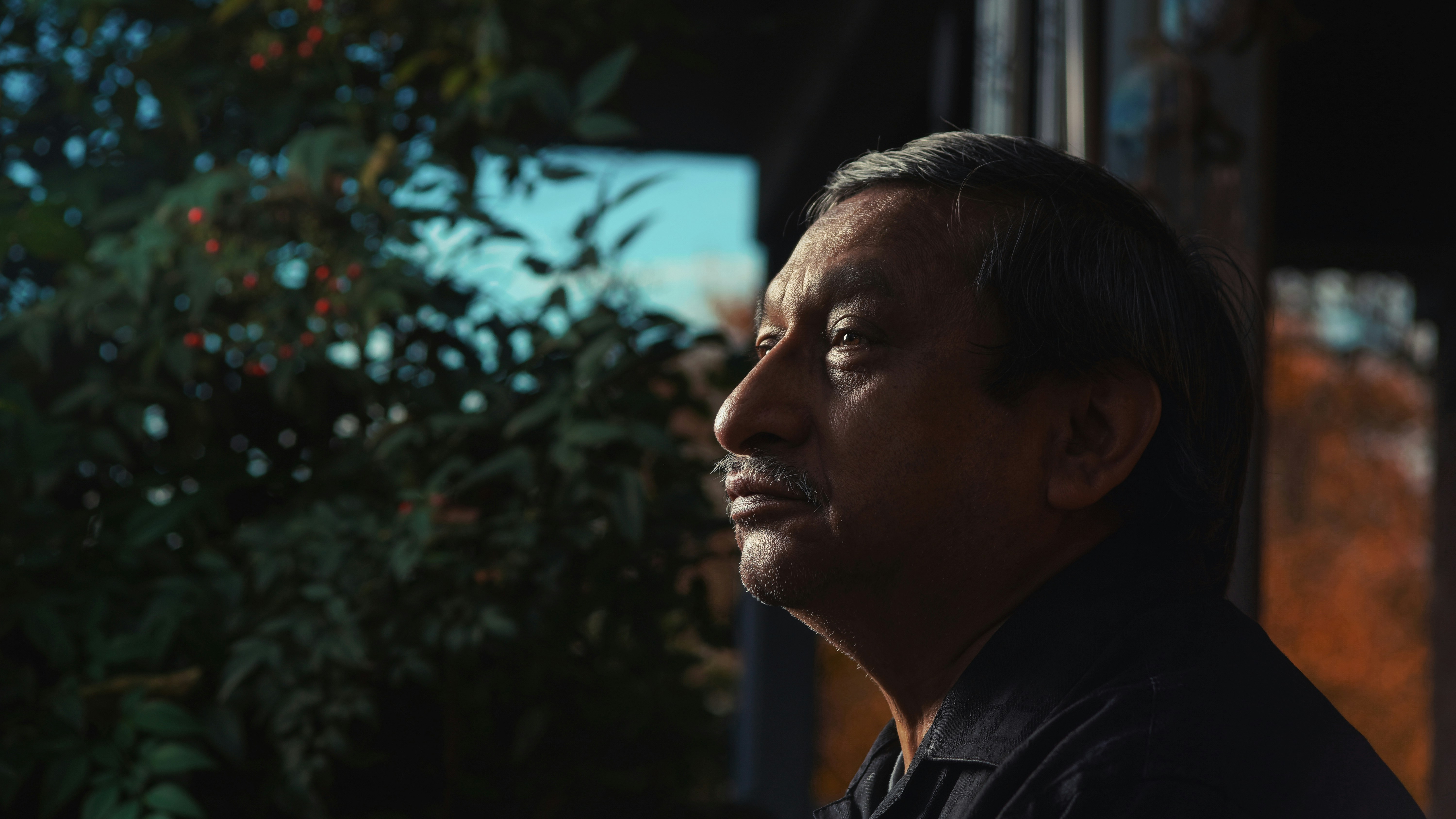 Profile of a contemplative man against a backdrop of lush greenery and soft light, capturing a moment of introspection.