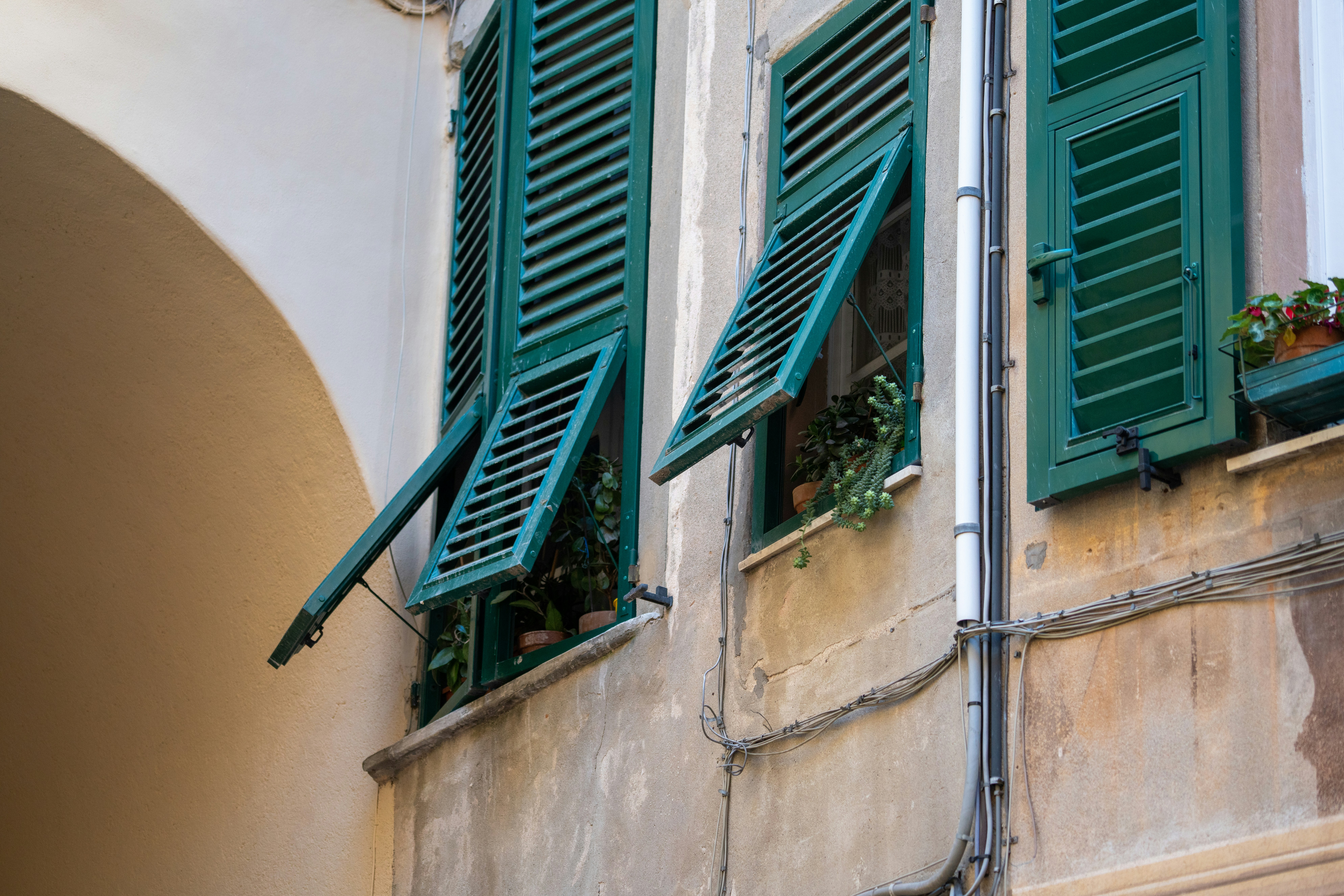 a couple of windows with green shutters on a building