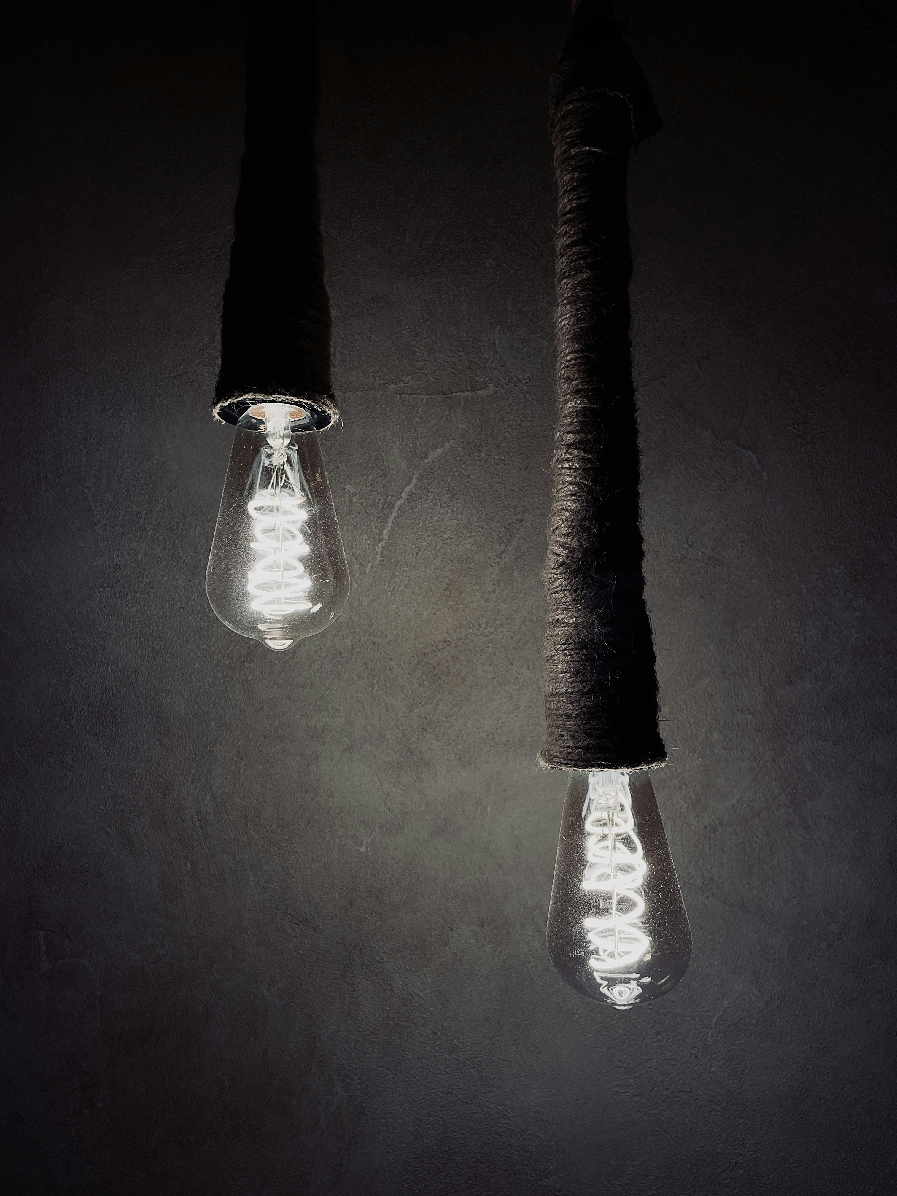 A couple of light bulbs hanging from a ceiling photo – Free Black Image ...