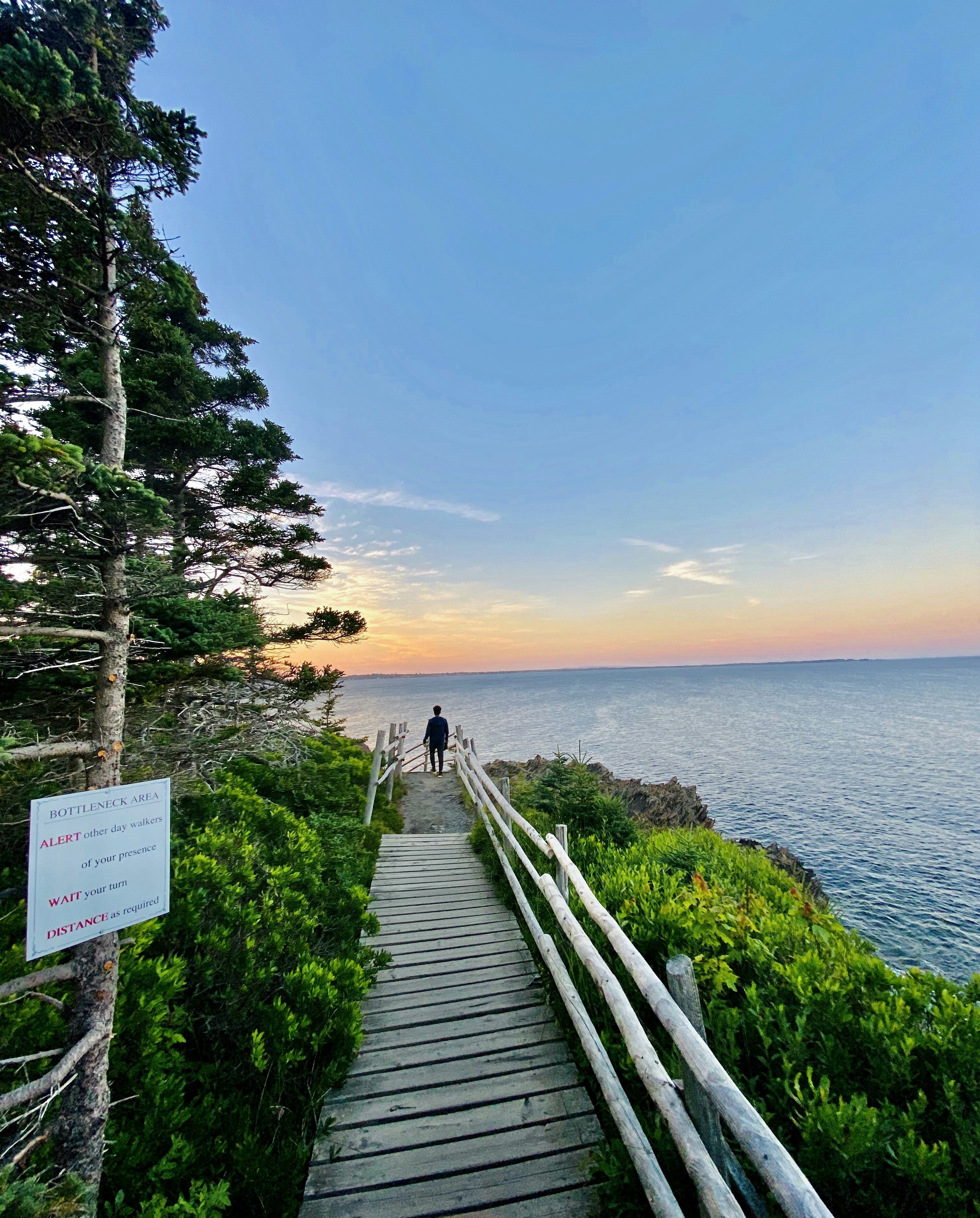 Wooden pathway leading towards the ocean, surrounded by lush greenery and a warning sign. A figure walks towards the horizon under a pastel sky.