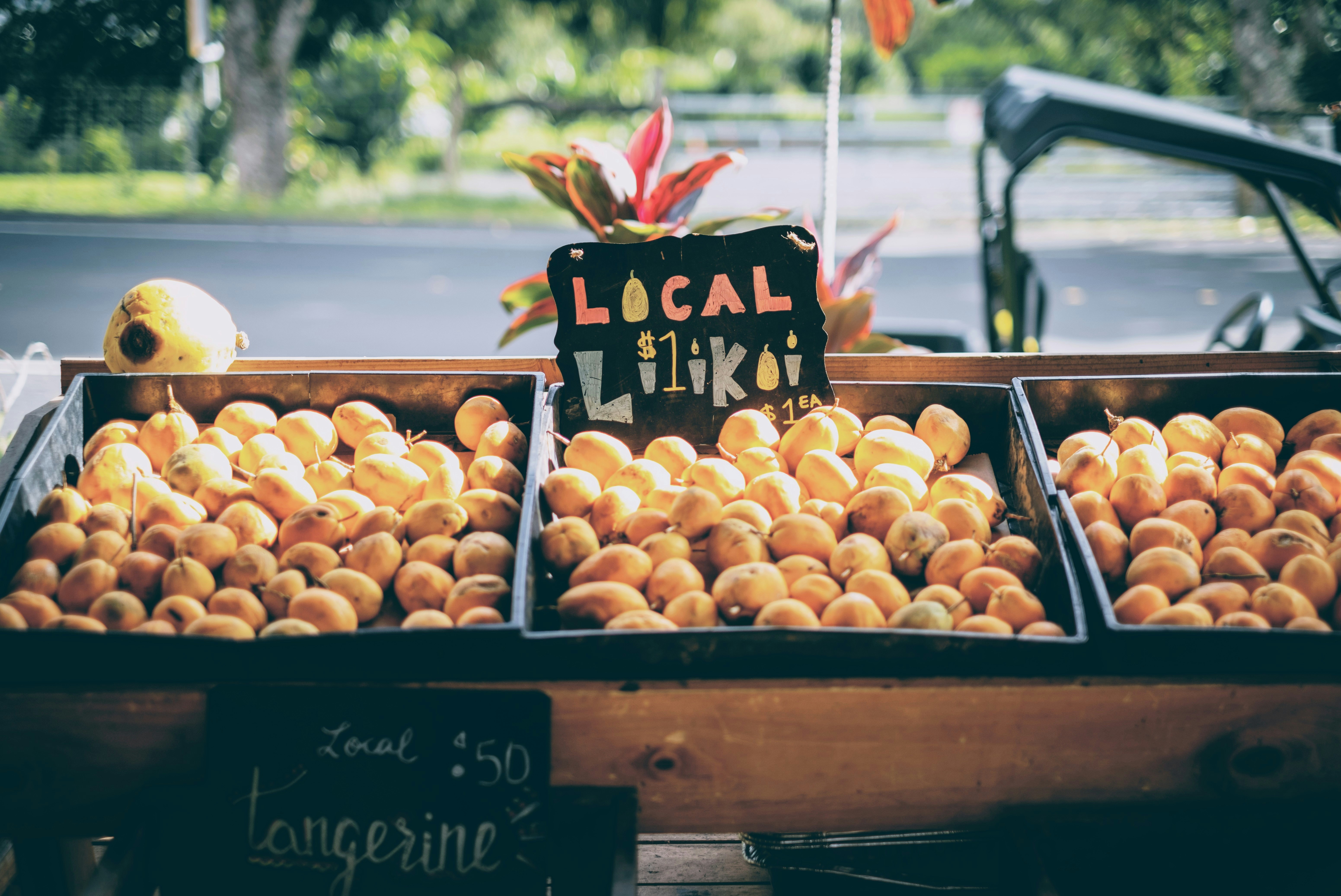 Local Sign Above Sunlit Citrus at a Rustic Market Stand