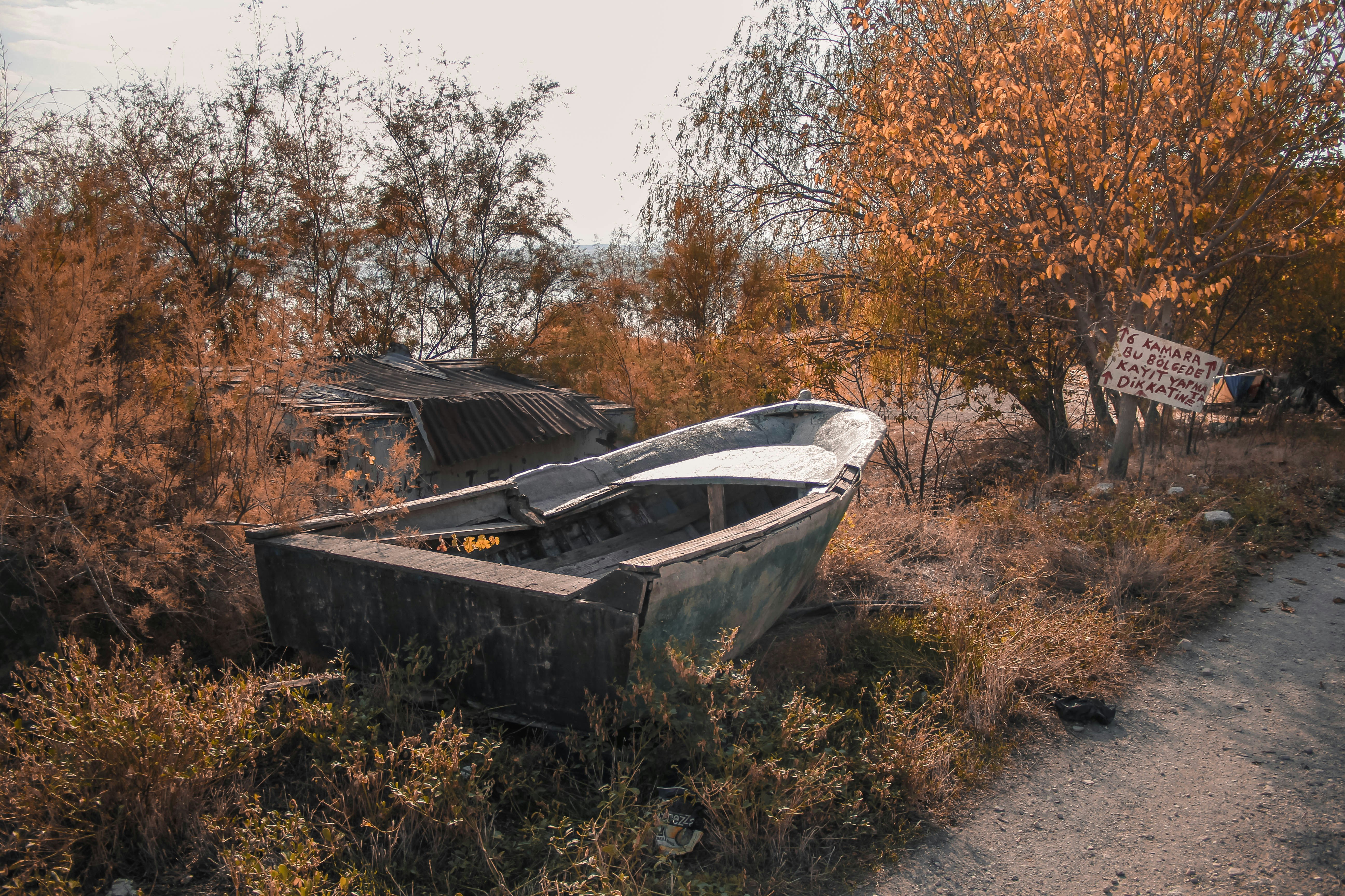 Autumn's Rusted Ark: An Abandoned Boat Along a Quiet Path