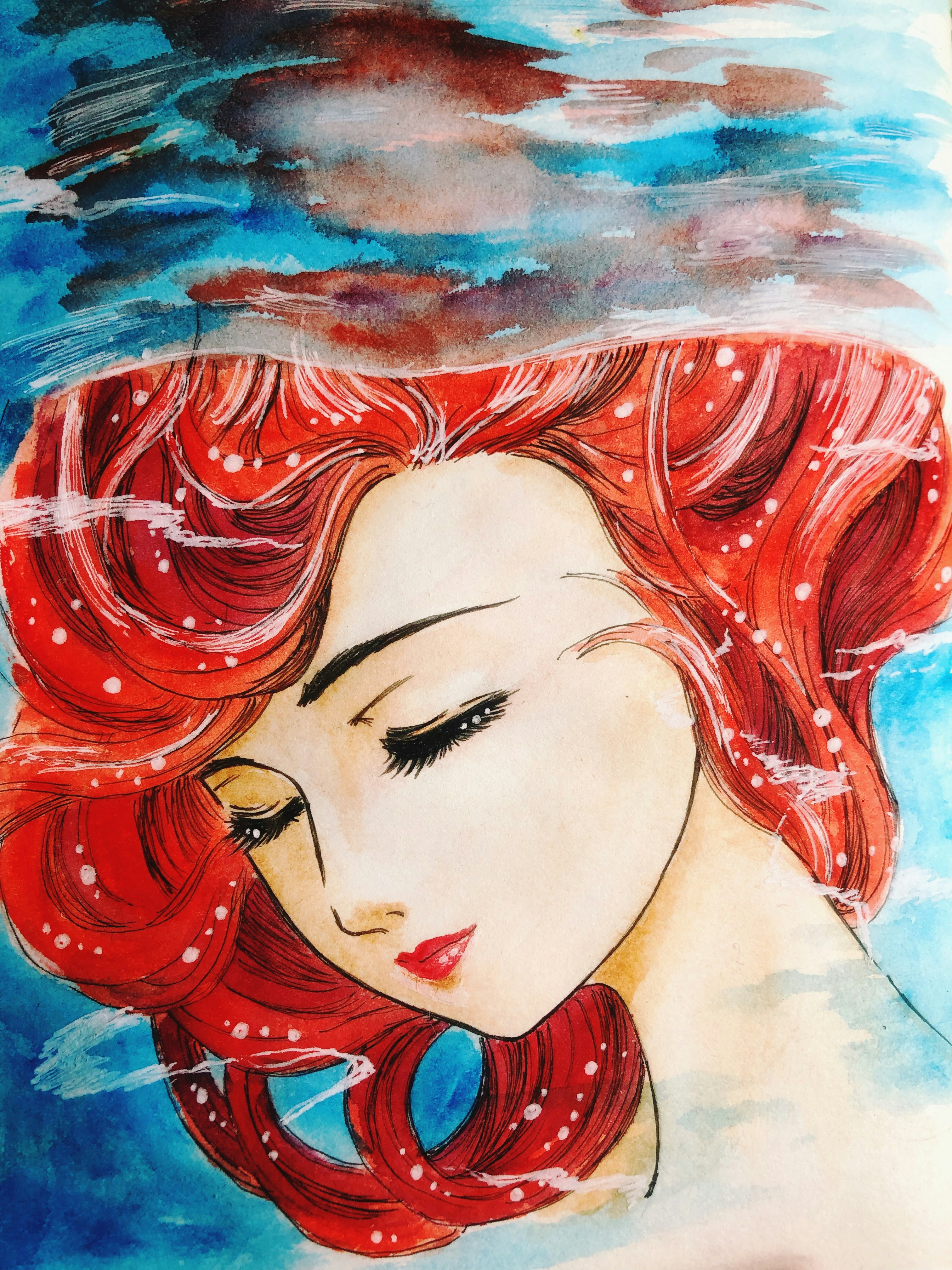 Red-haired portrait in watercolor: serene gaze meets swirling ocean blues