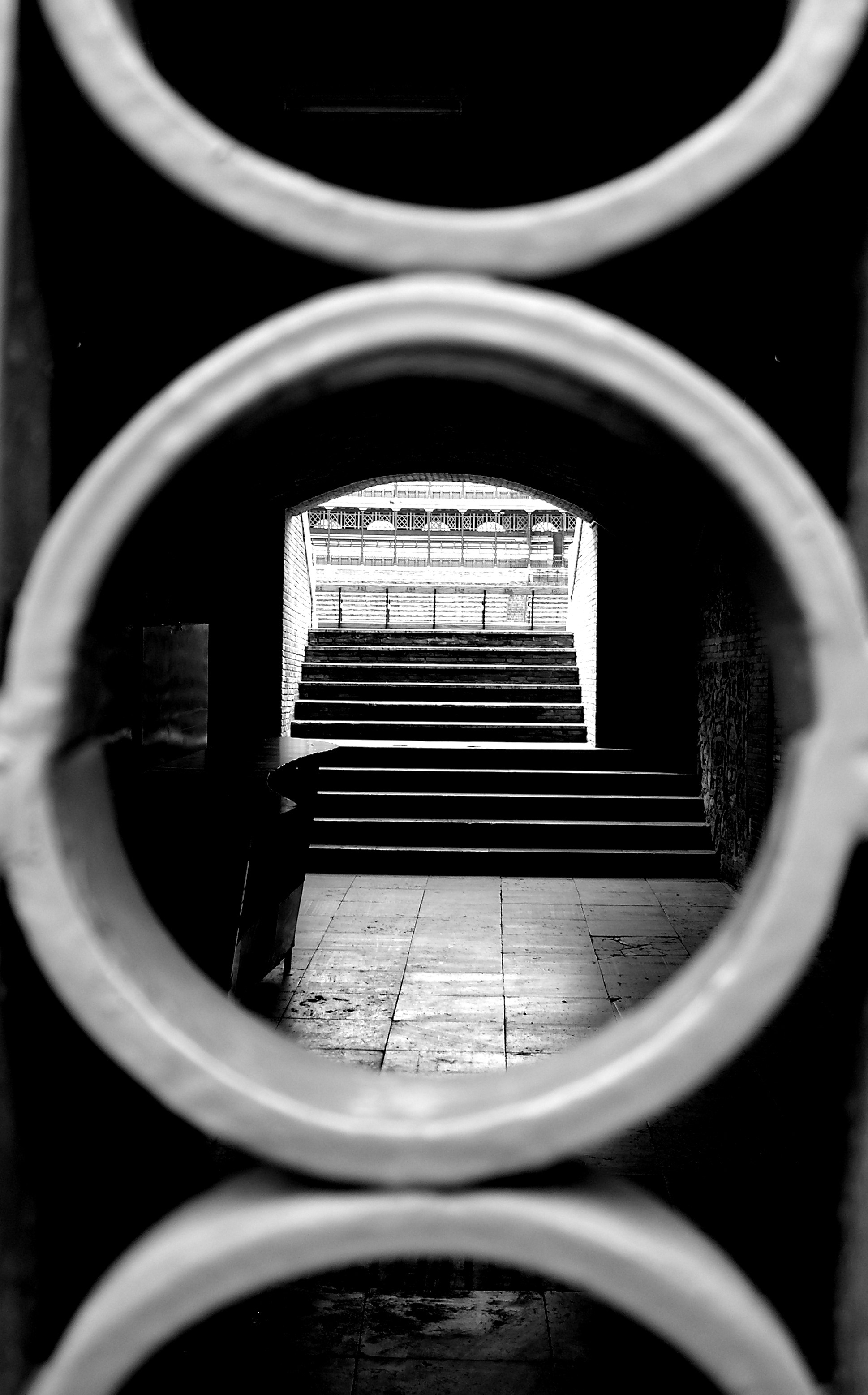 Ringed Portal: Stairwell Light Beyond the Concentric Frame