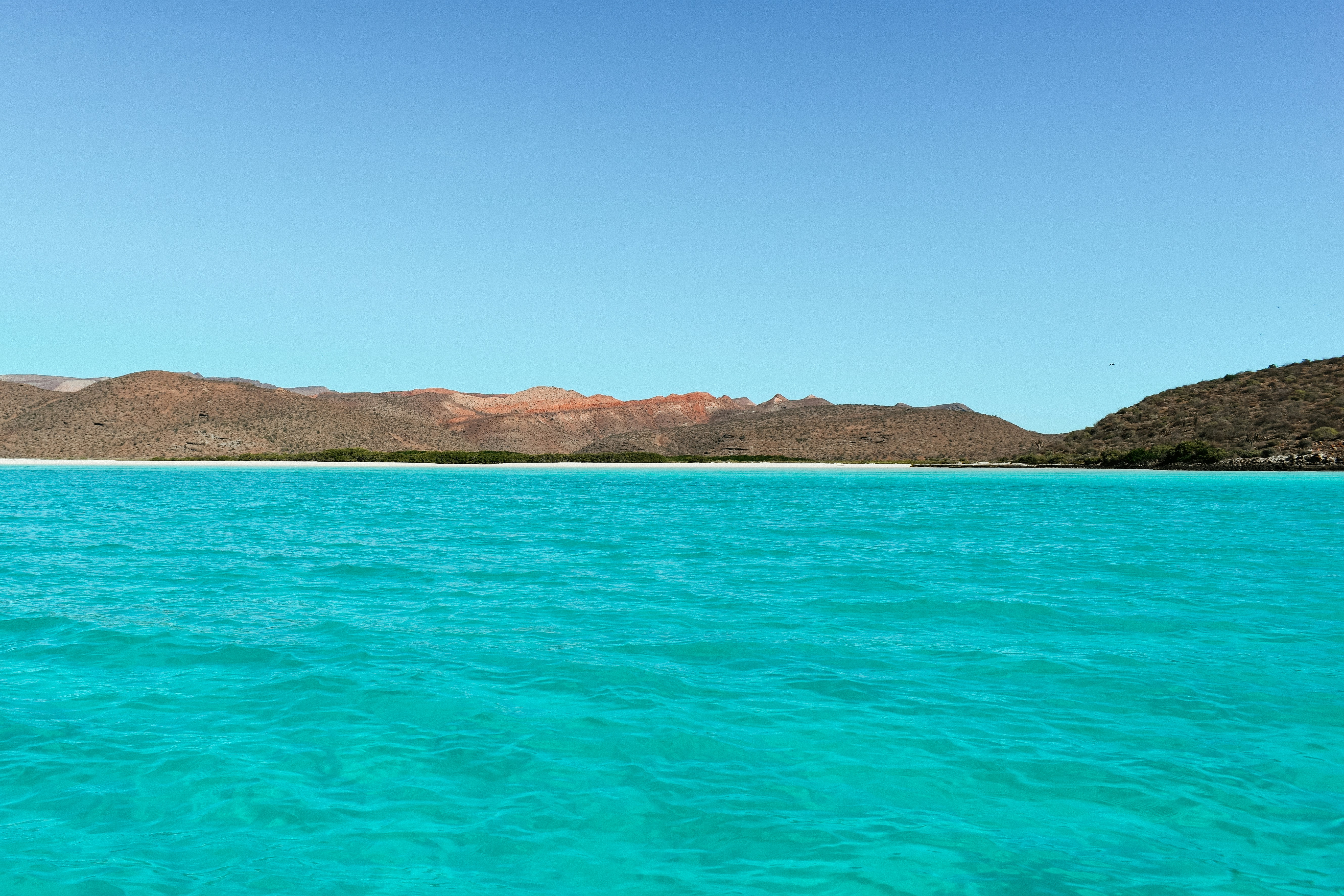 Turquoise Expanse Meets White Shore Under a Desert Horizon