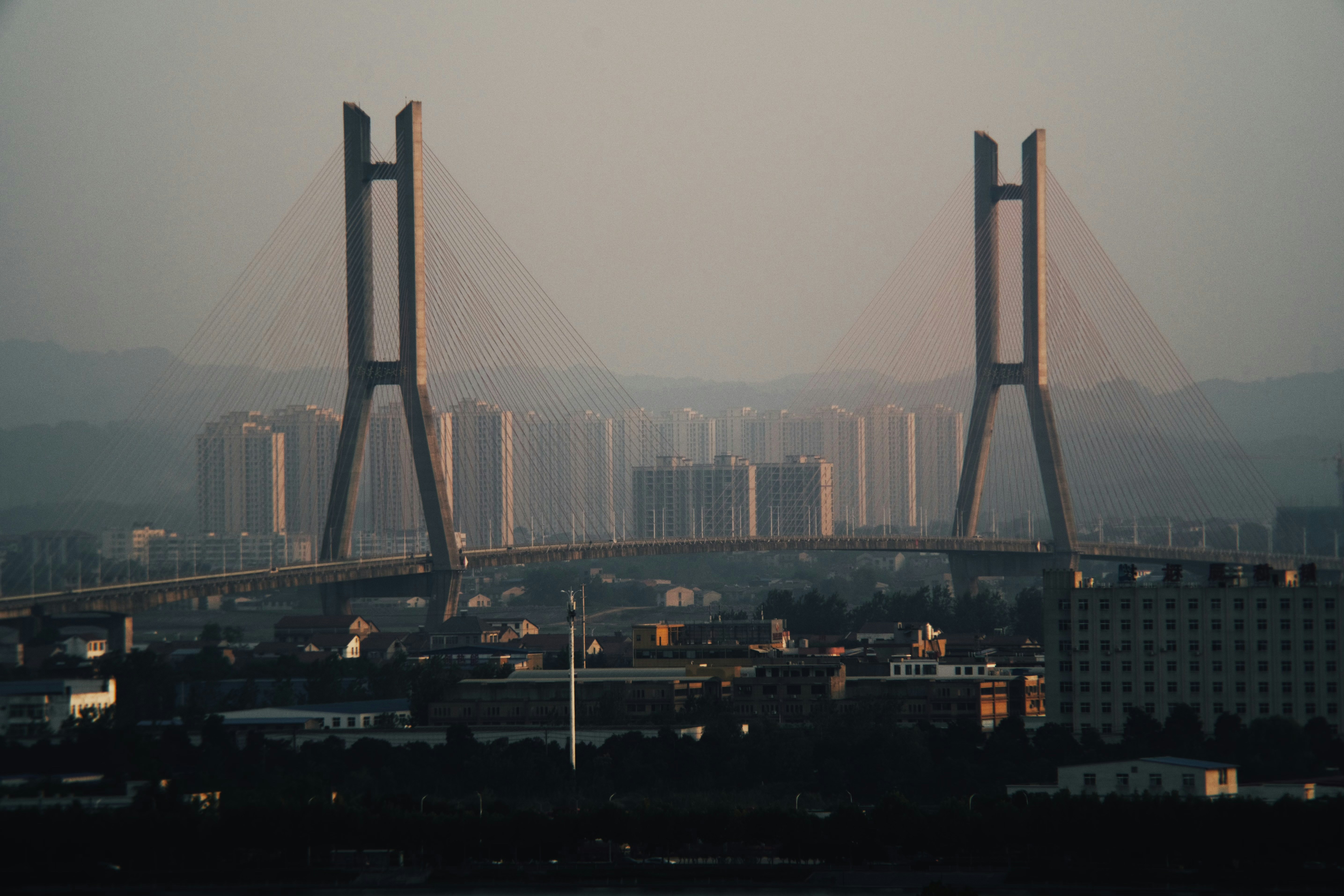 A large bridge spanning over a city with tall buildings photo – Free ...