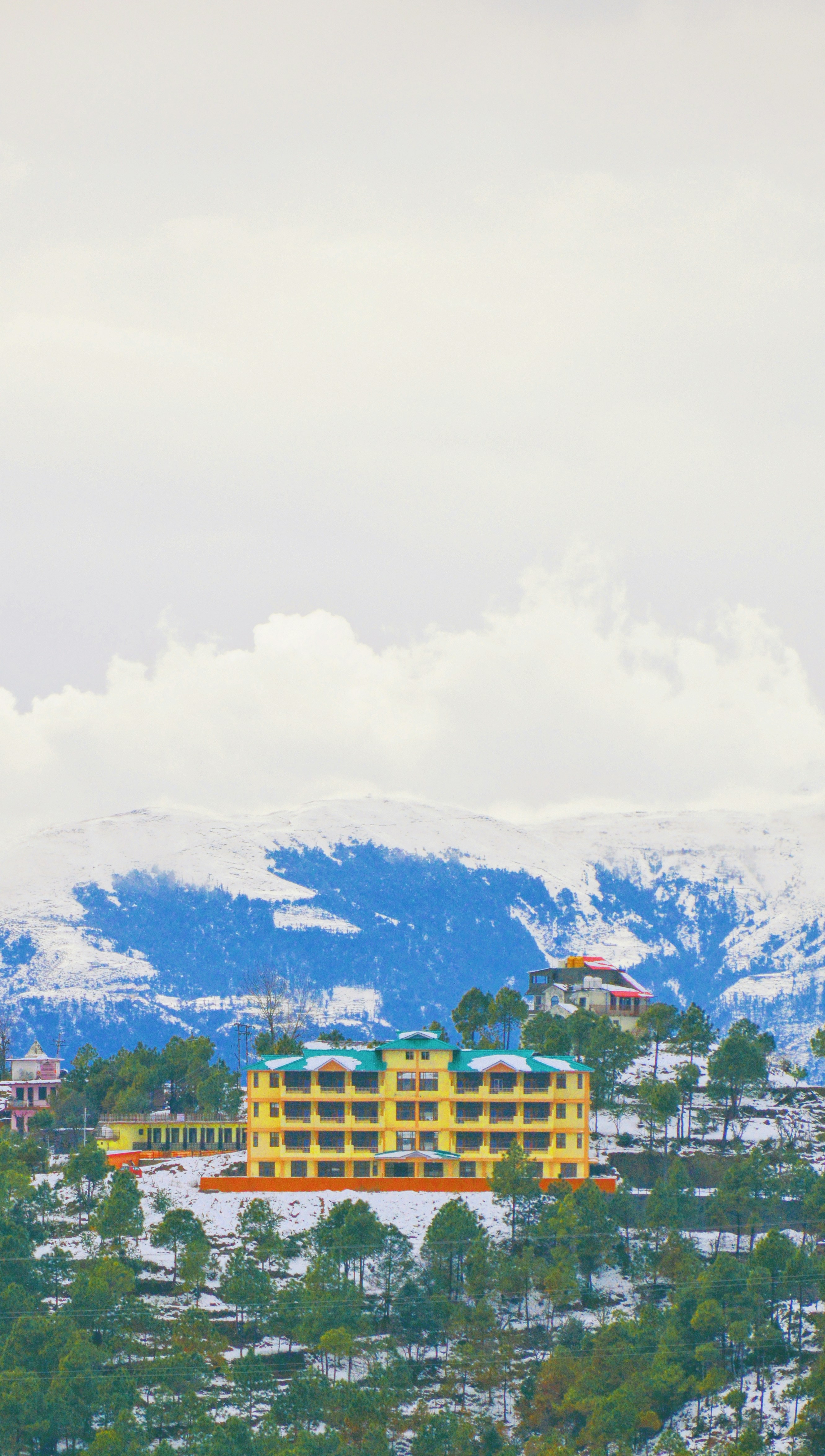 Yellow Hotel on a Snow-Kissed Slope Beneath Alpine Pines