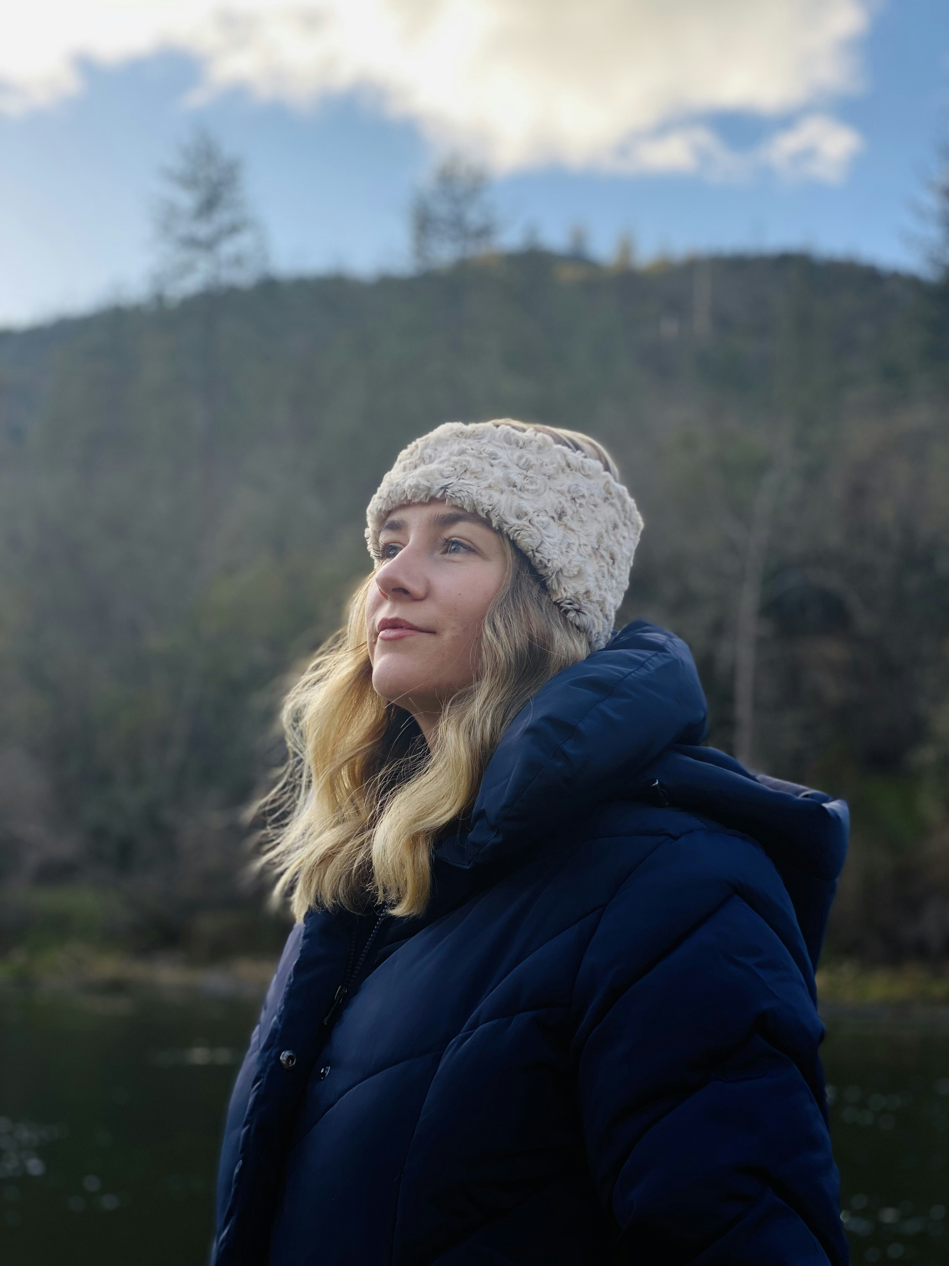 Winter Light Portrait by the Lake: Navy Parka and Cream Knit