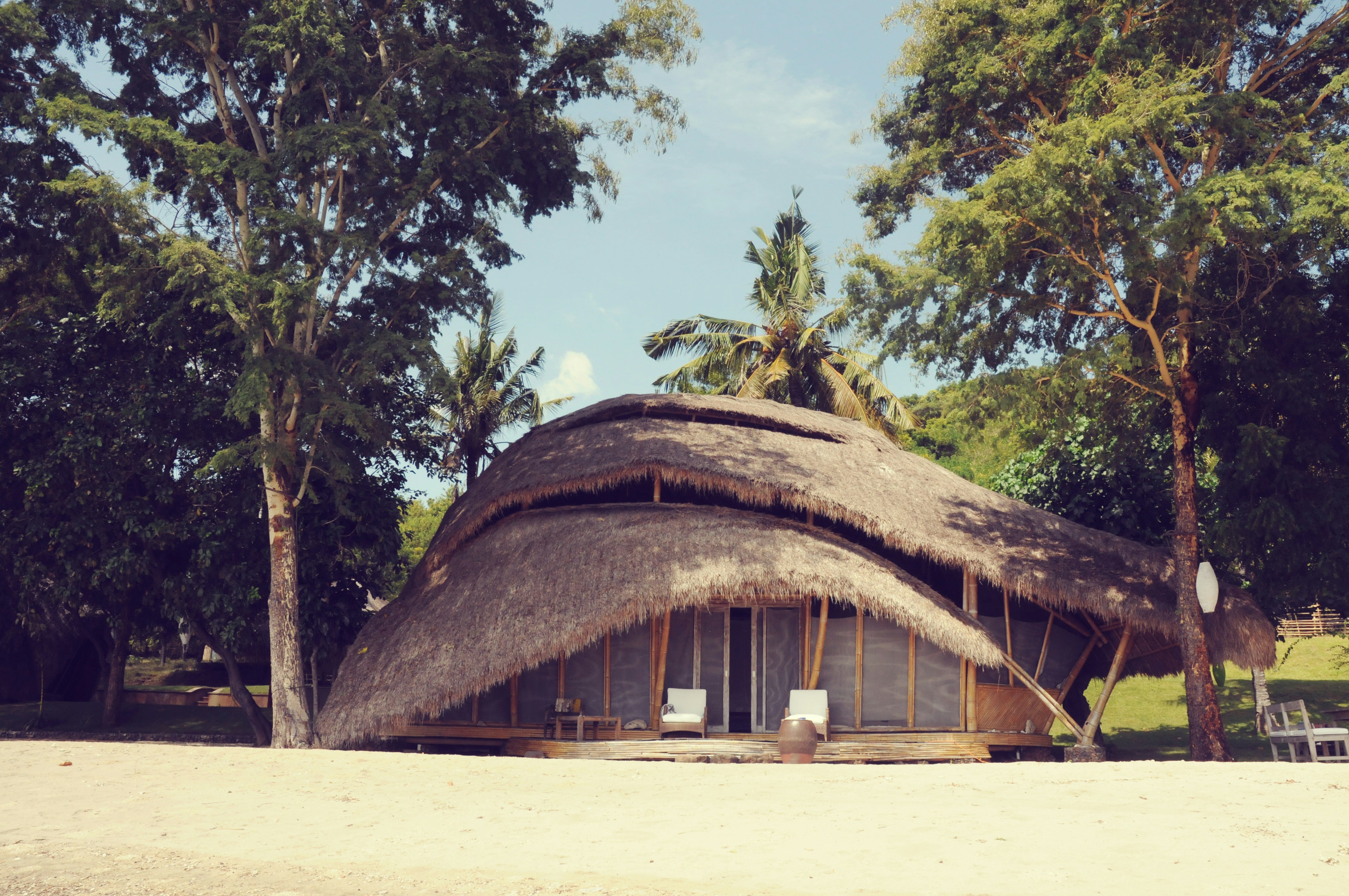 Unique thatched-roof bungalow nestled among lush greenery, featuring wooden accents and a serene beach setting.