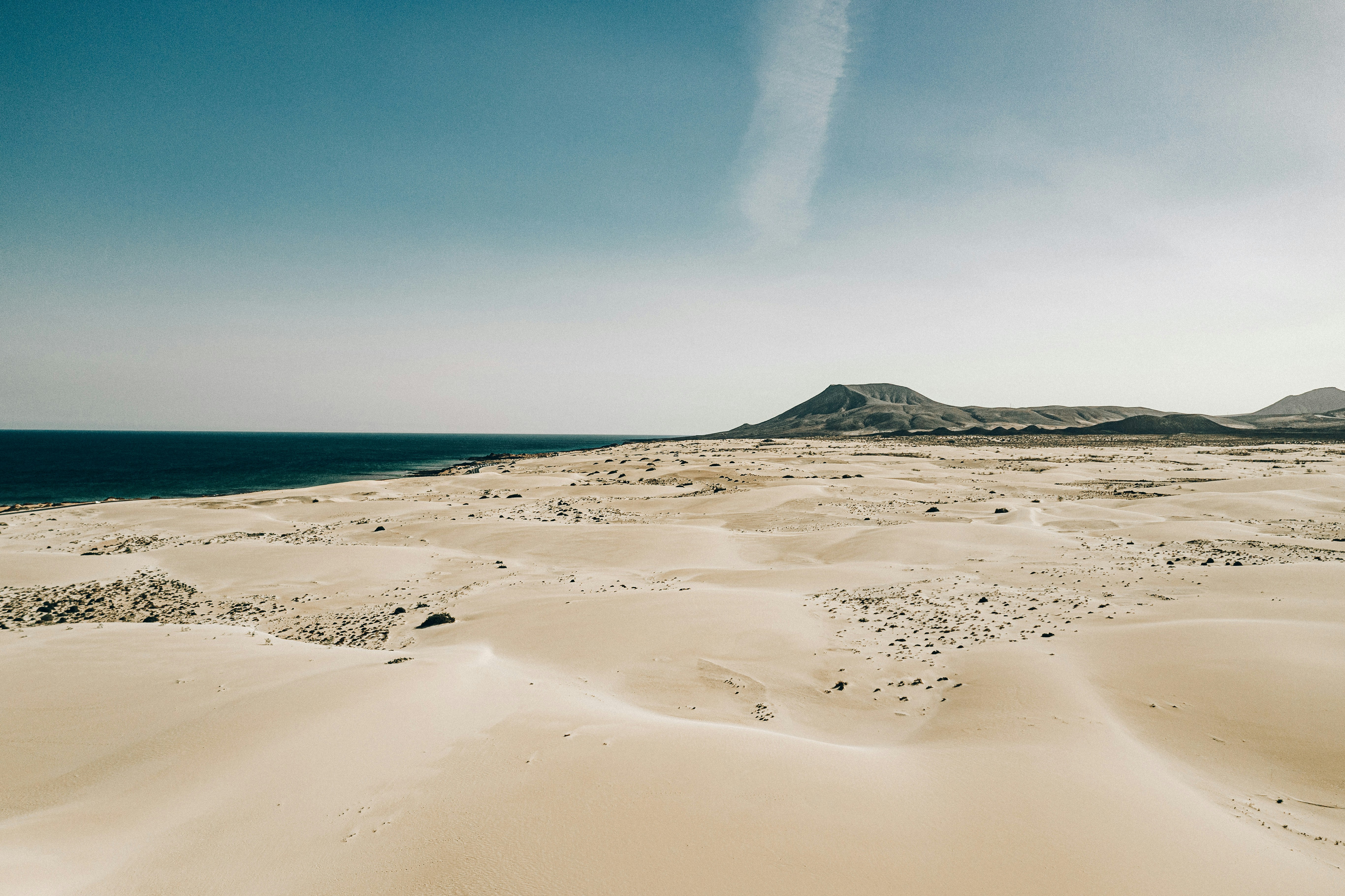 Vast sandy landscape stretching towards a tranquil sea, with gentle dunes leading to a distant mountain silhouette. The scene captures the harmony between land and water.