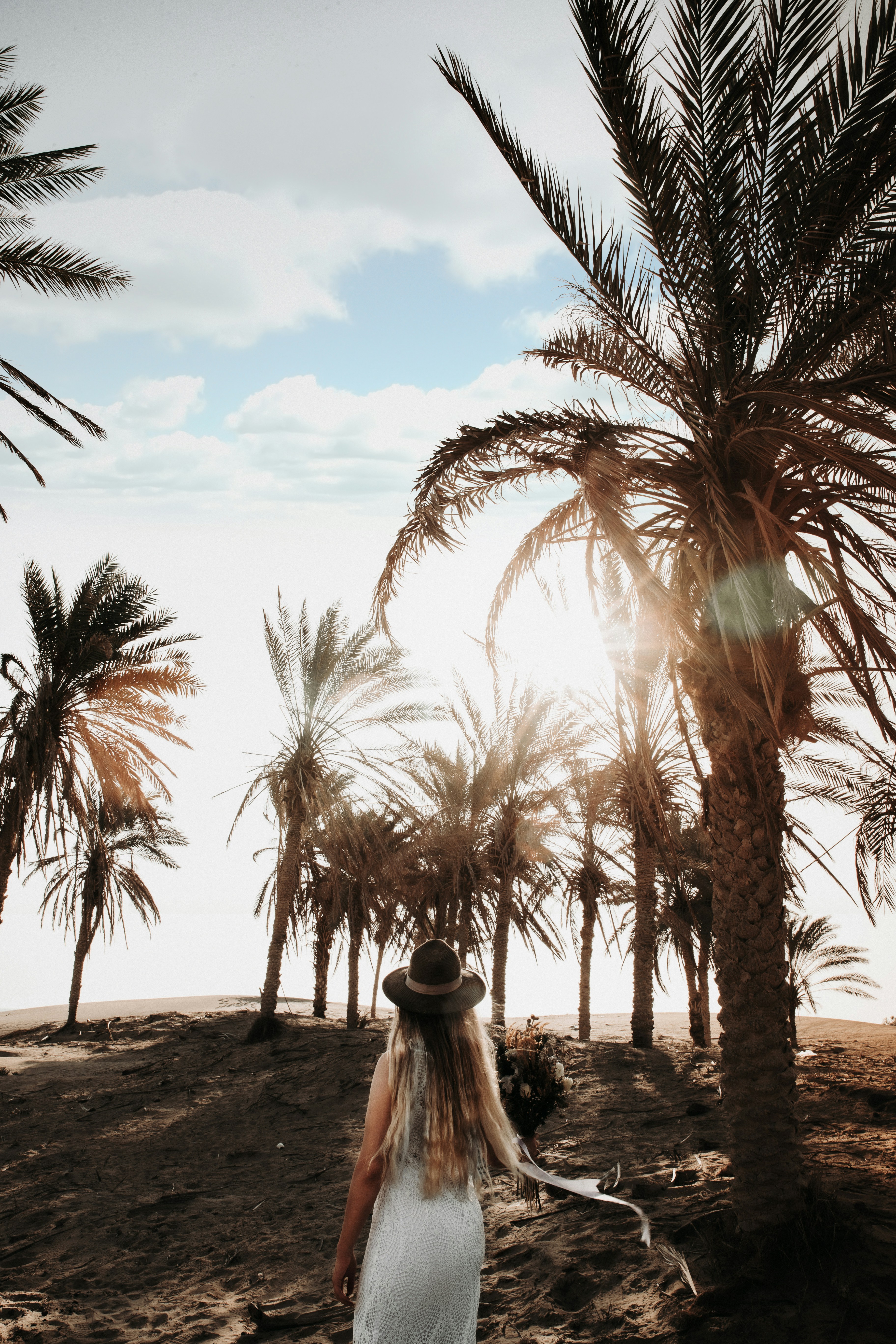 Sunlit Path: A Woman in White Under Palm Avenues