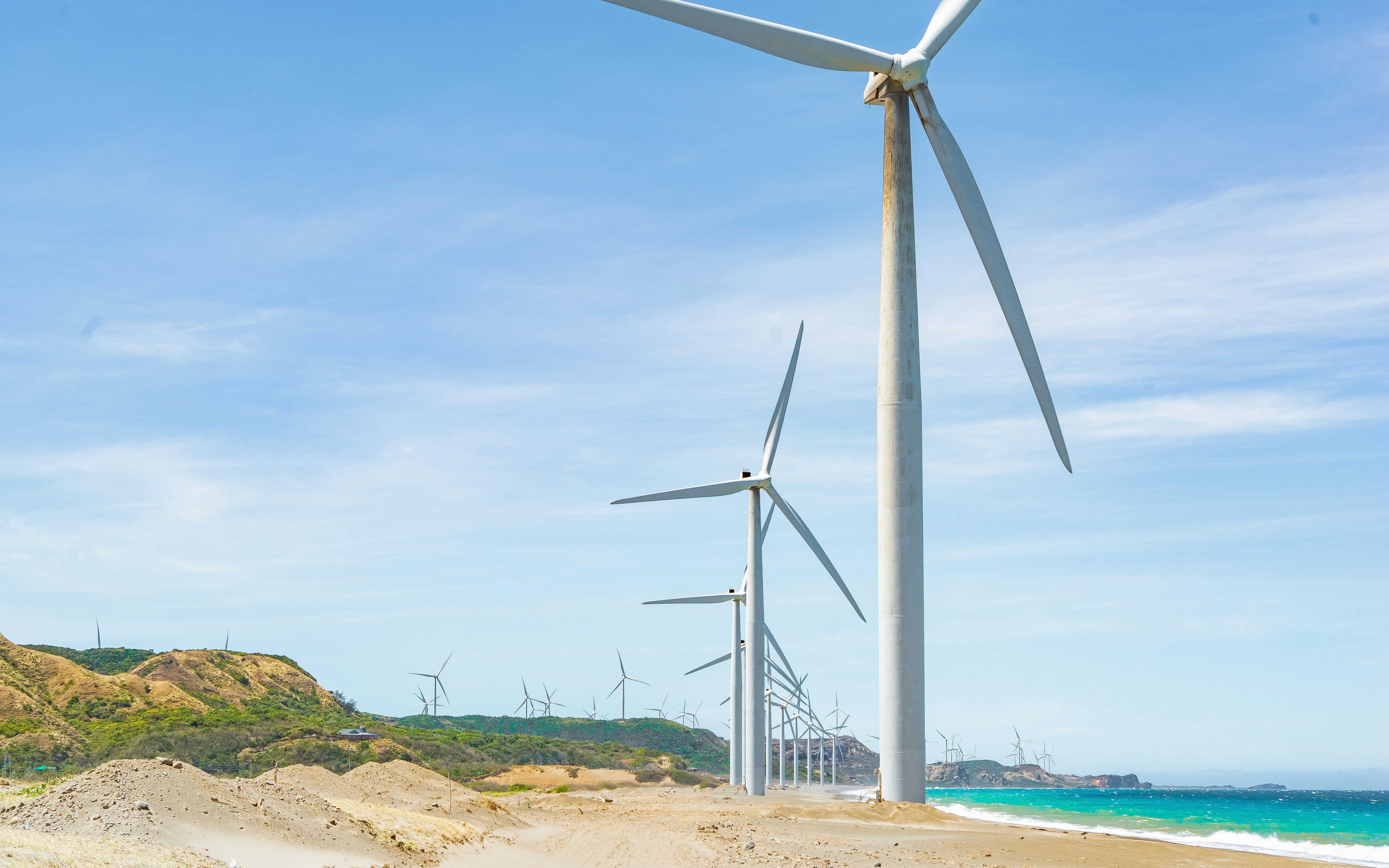 Wind turbines line a sandy coastline under a clear blue sky.