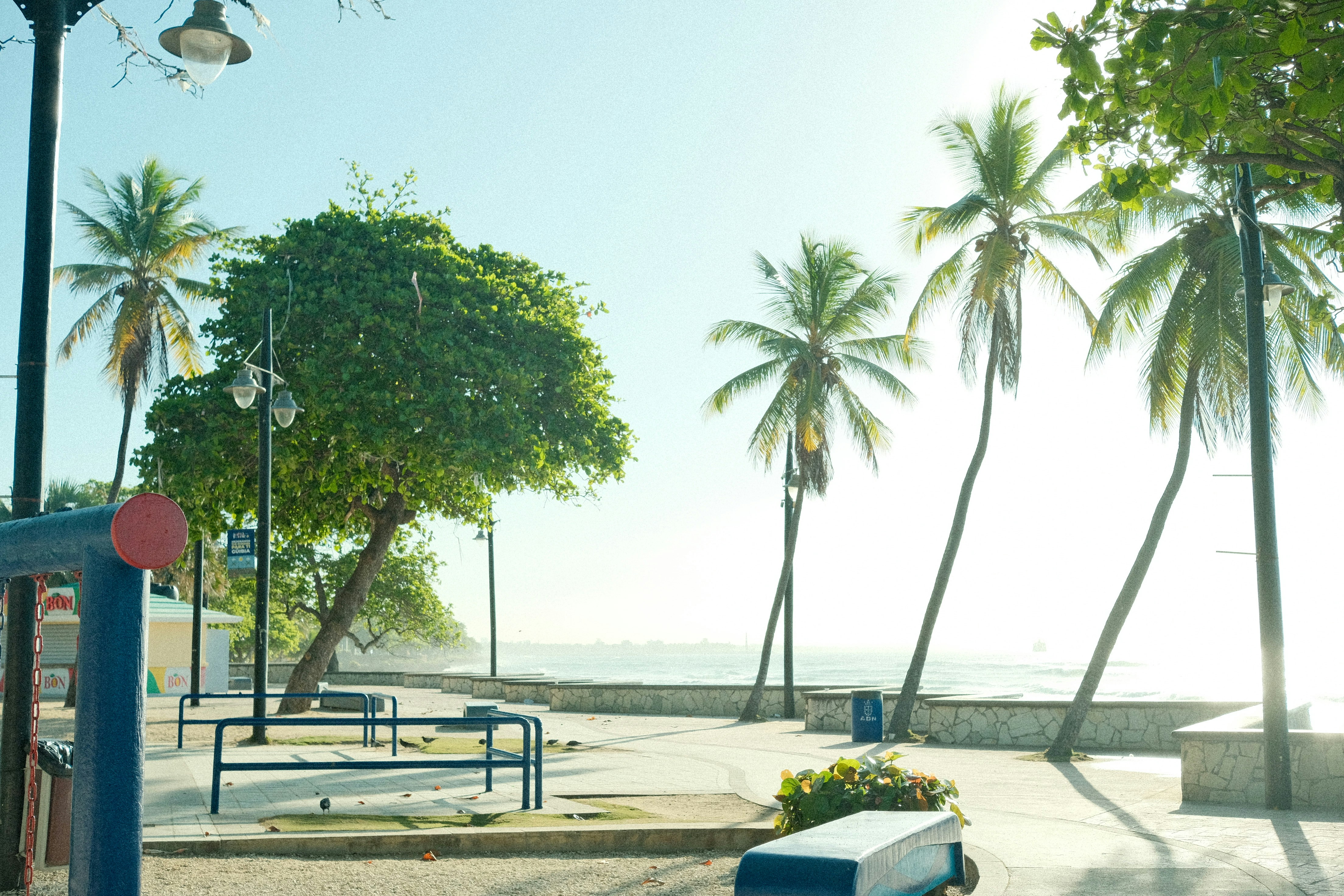 a blue and white bus parked on the side of a road