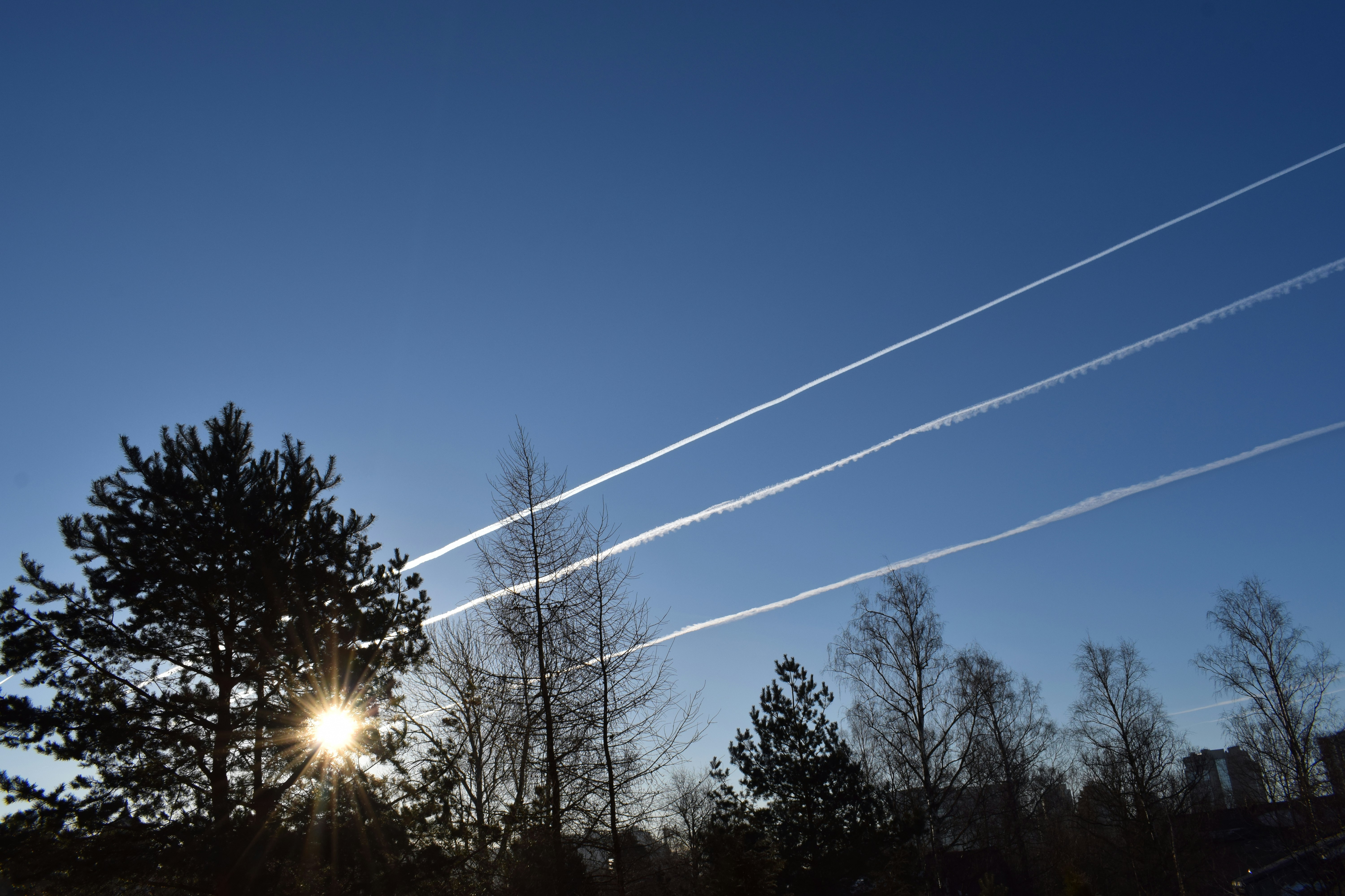 A group of contrails flying through a blue sky photo – Free Blue Image ...