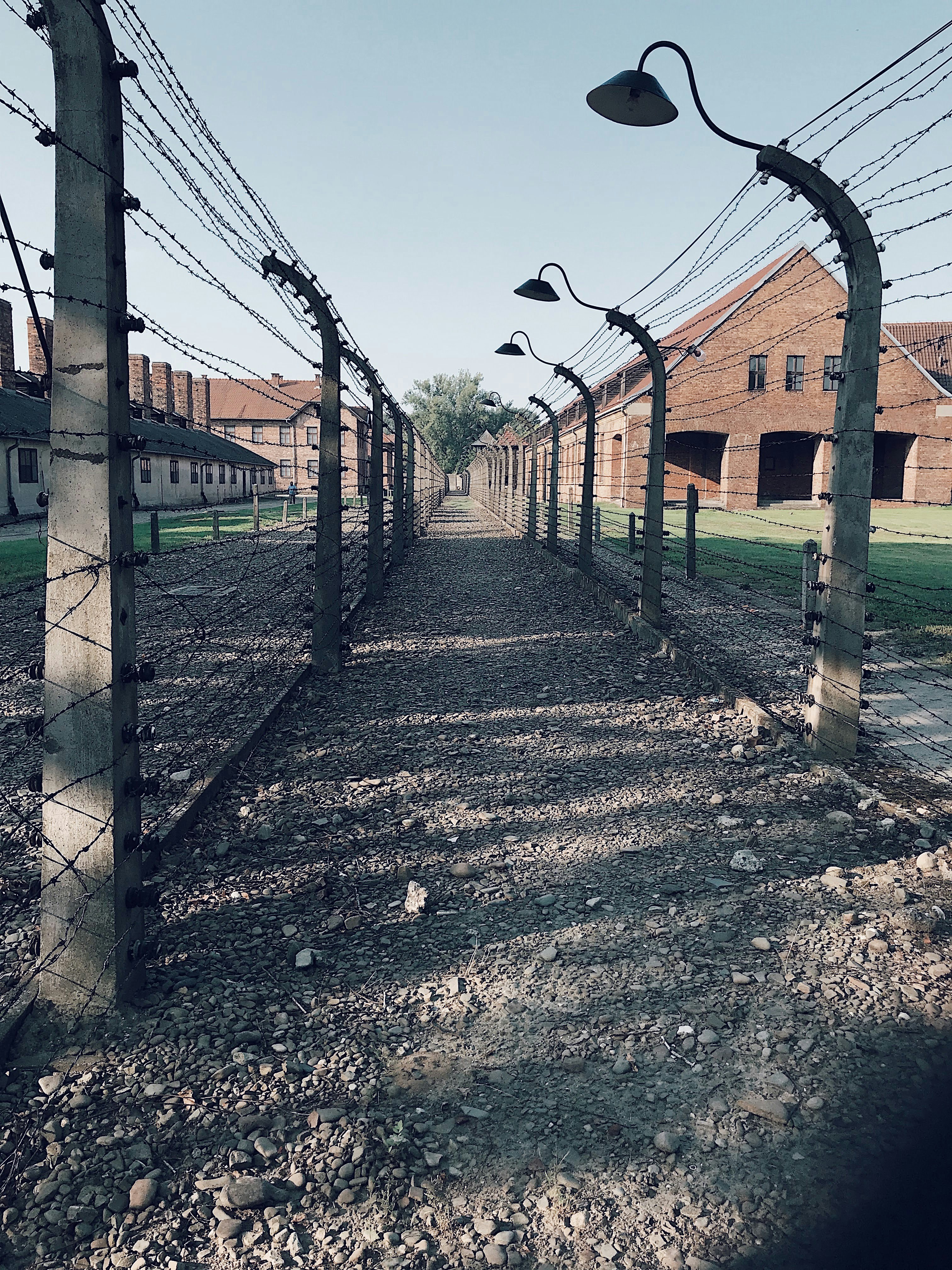 a row of barbed wire next to a brick building