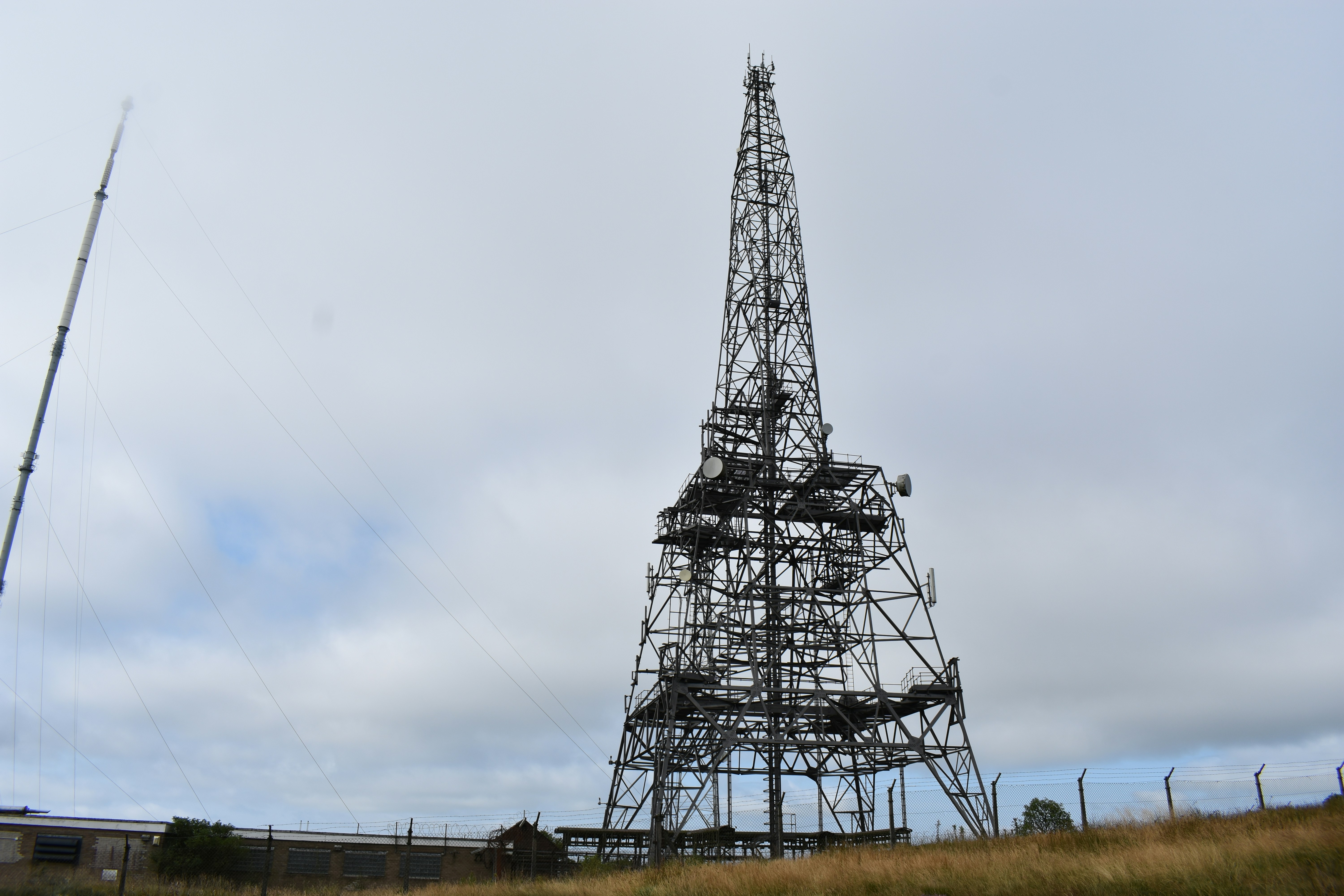 Metal communication tower rises against a backdrop of cloudy skies, surrounded by tall grass and remnants of a building.