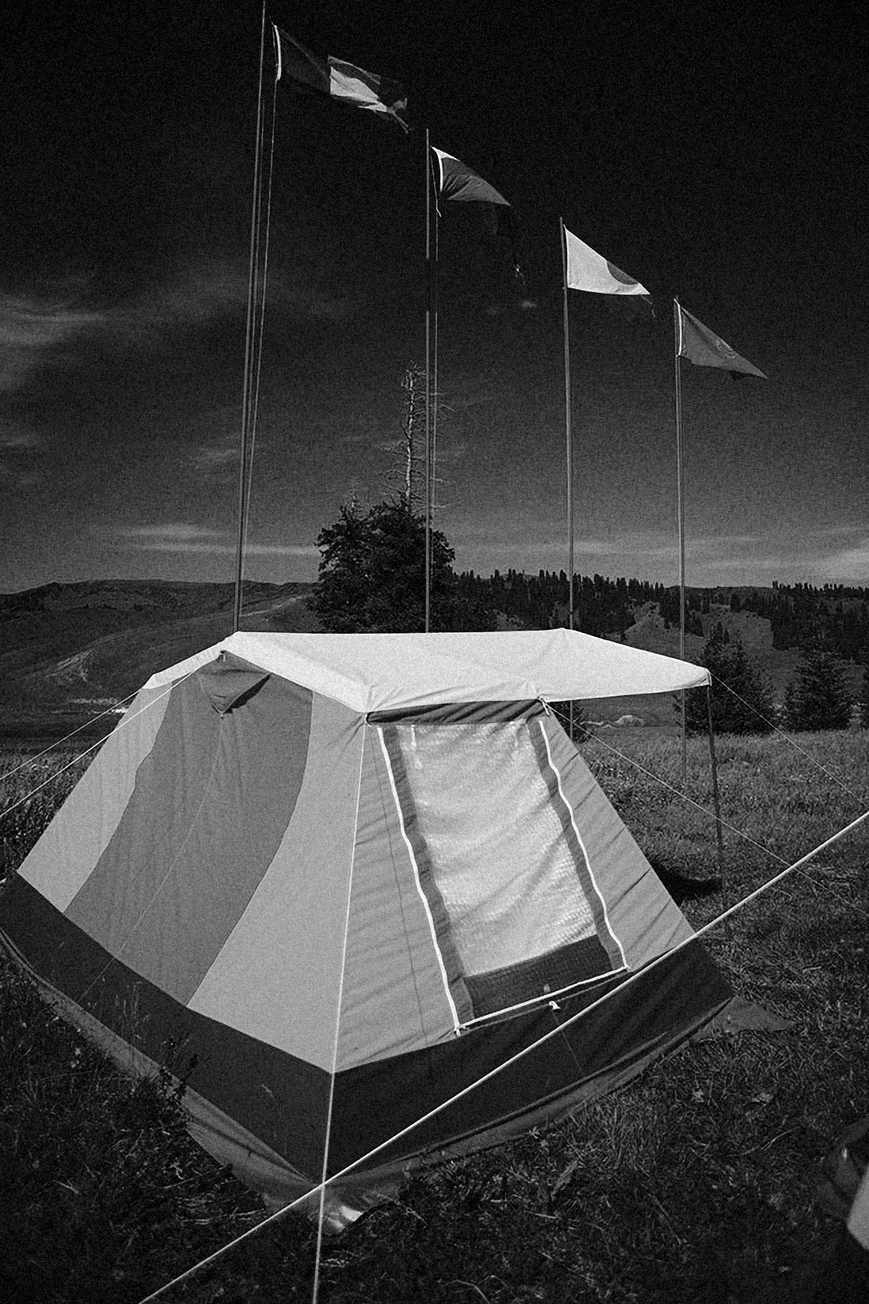 Flaglit Field Shelter: A Tent Under Draped Banners