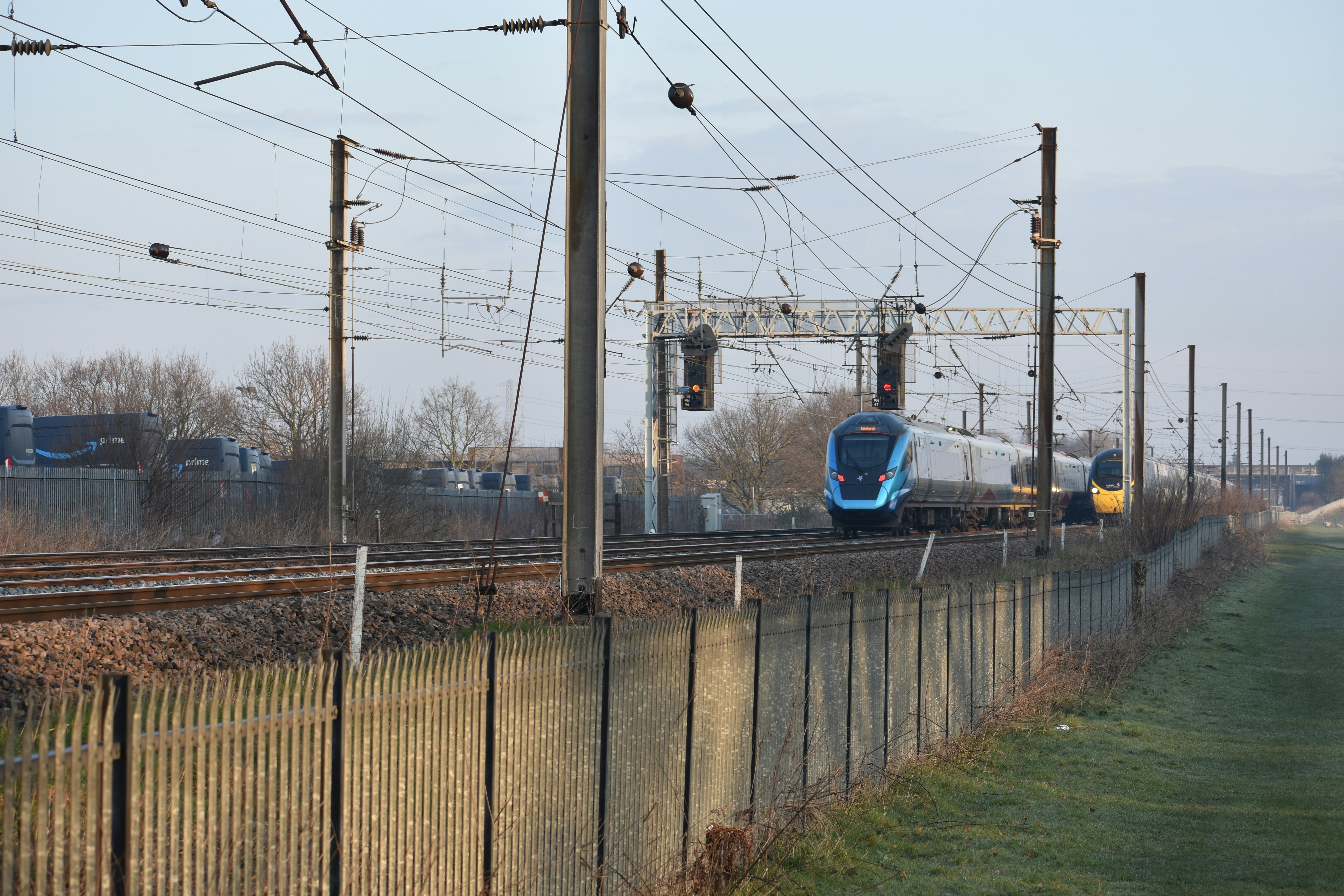 A blue train traveling down train tracks next to a lush green field ...