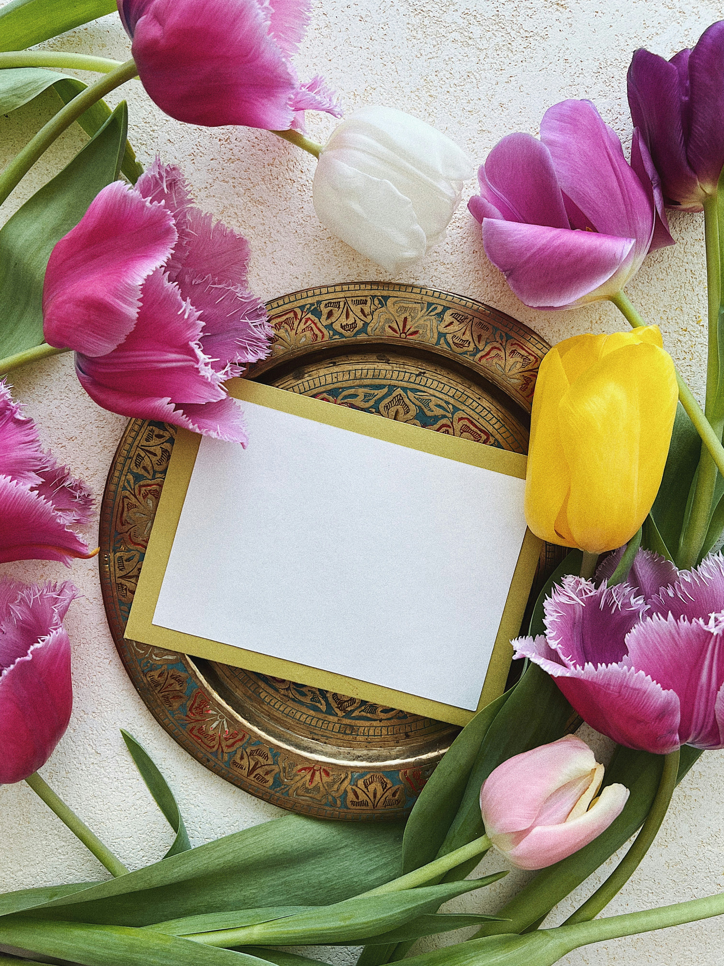 Tulip Still Life with Card on an Ornate Plate