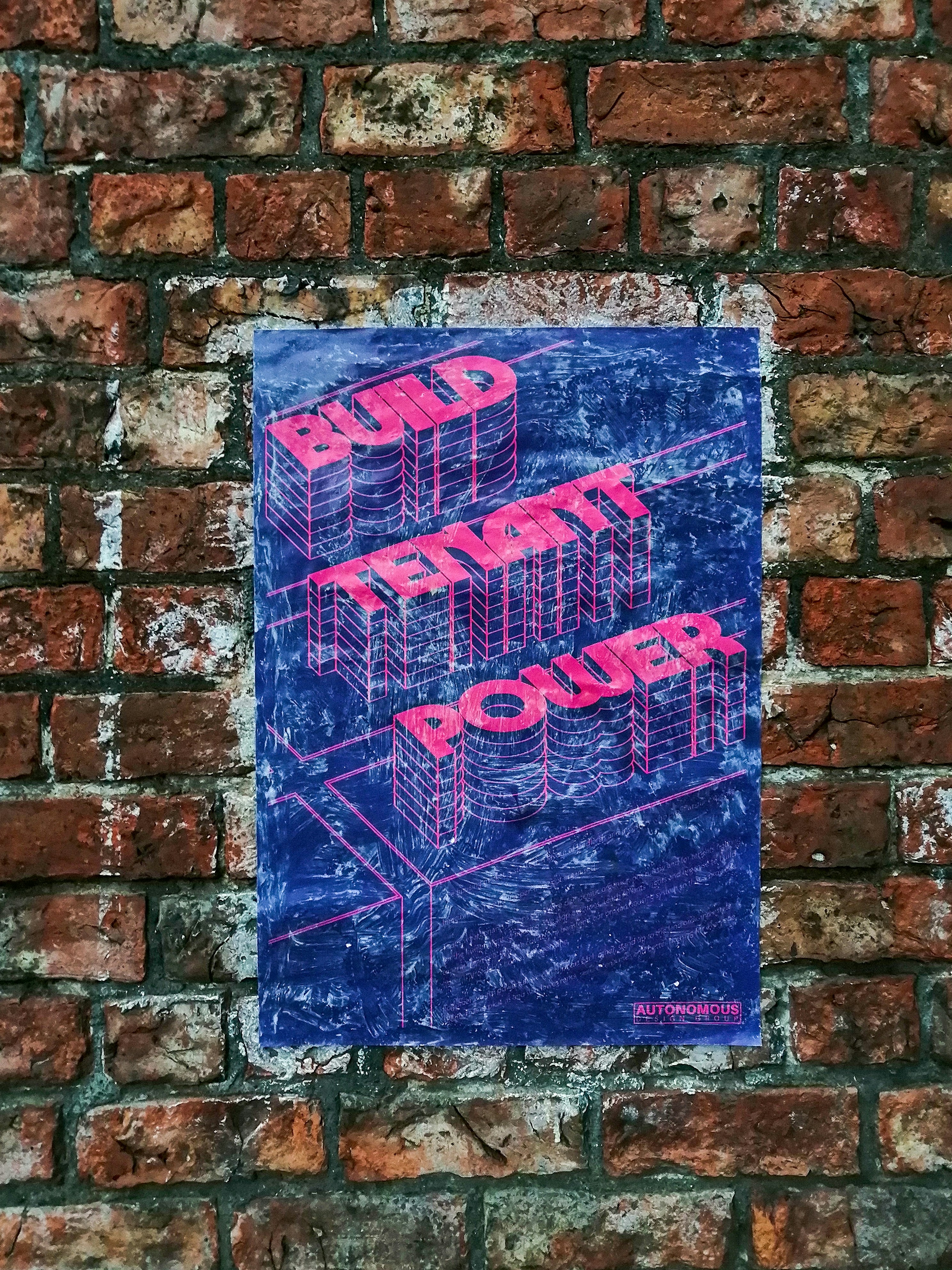 Vibrant poster featuring bold typography on a textured brick wall, emphasizing themes of construction and empowerment.