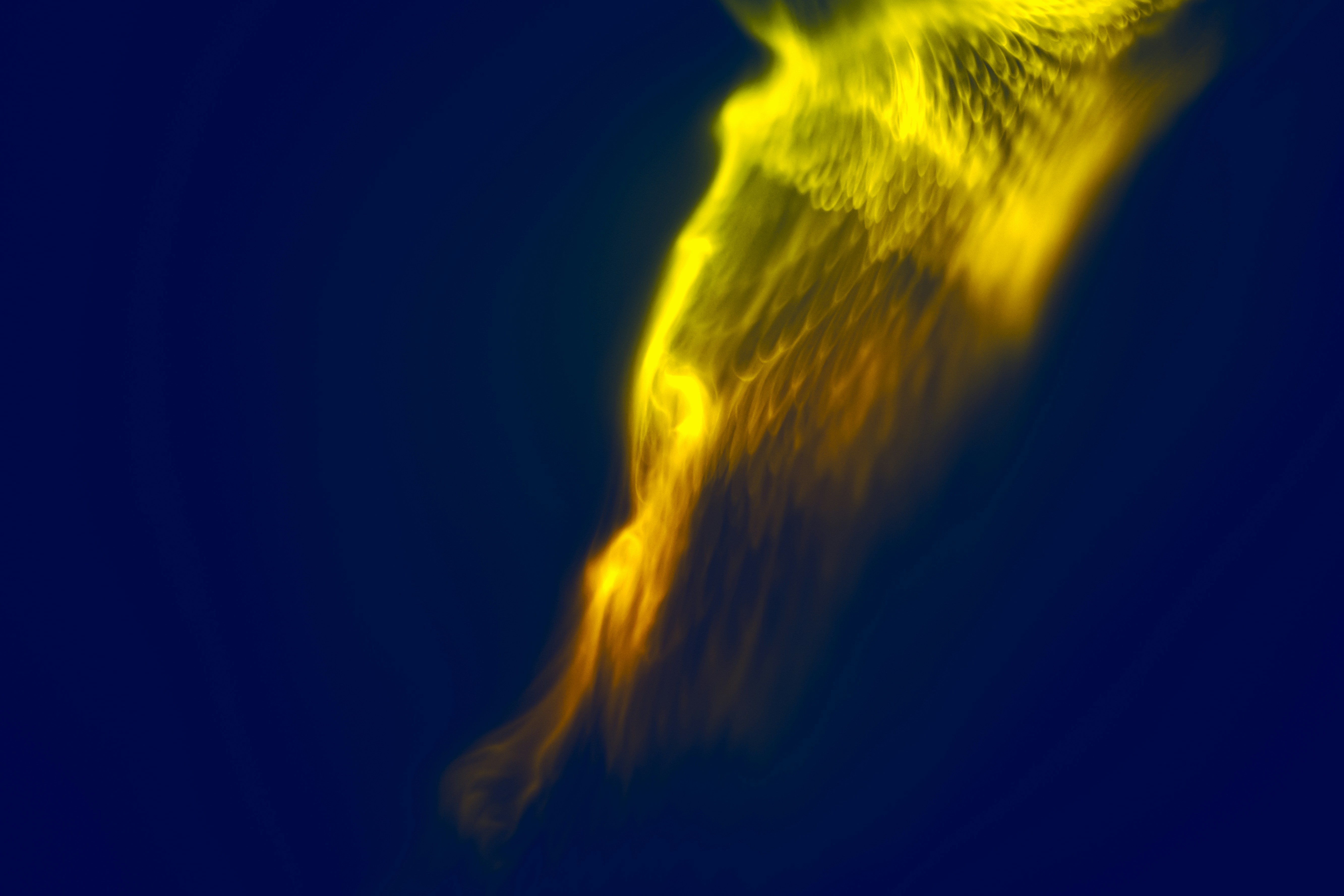 Drifting Neon Ribbon: a luminous yellow plume against cobalt darkness