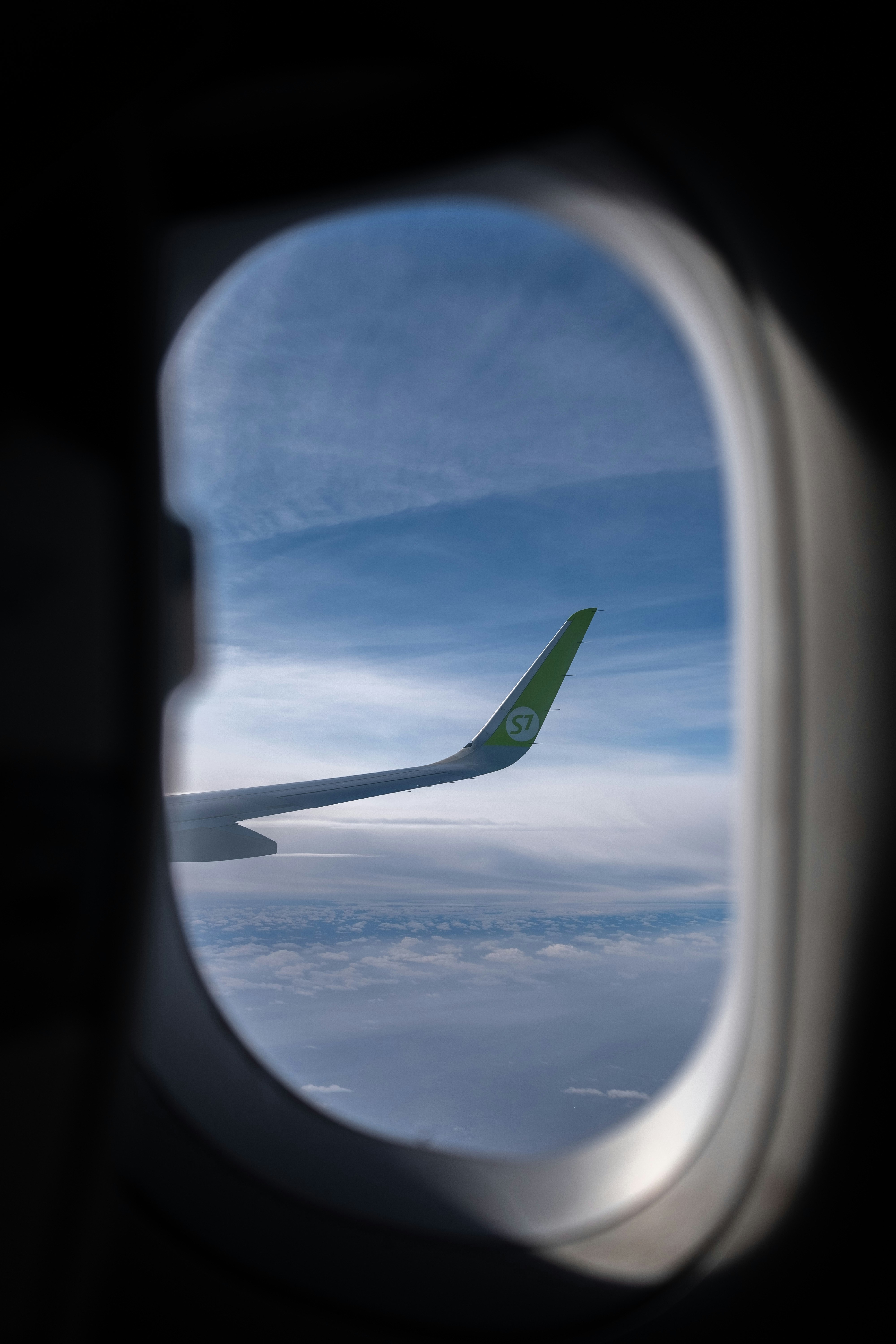Emerald Winglet Crossing a Quiet Blue Sky from a Window Seat