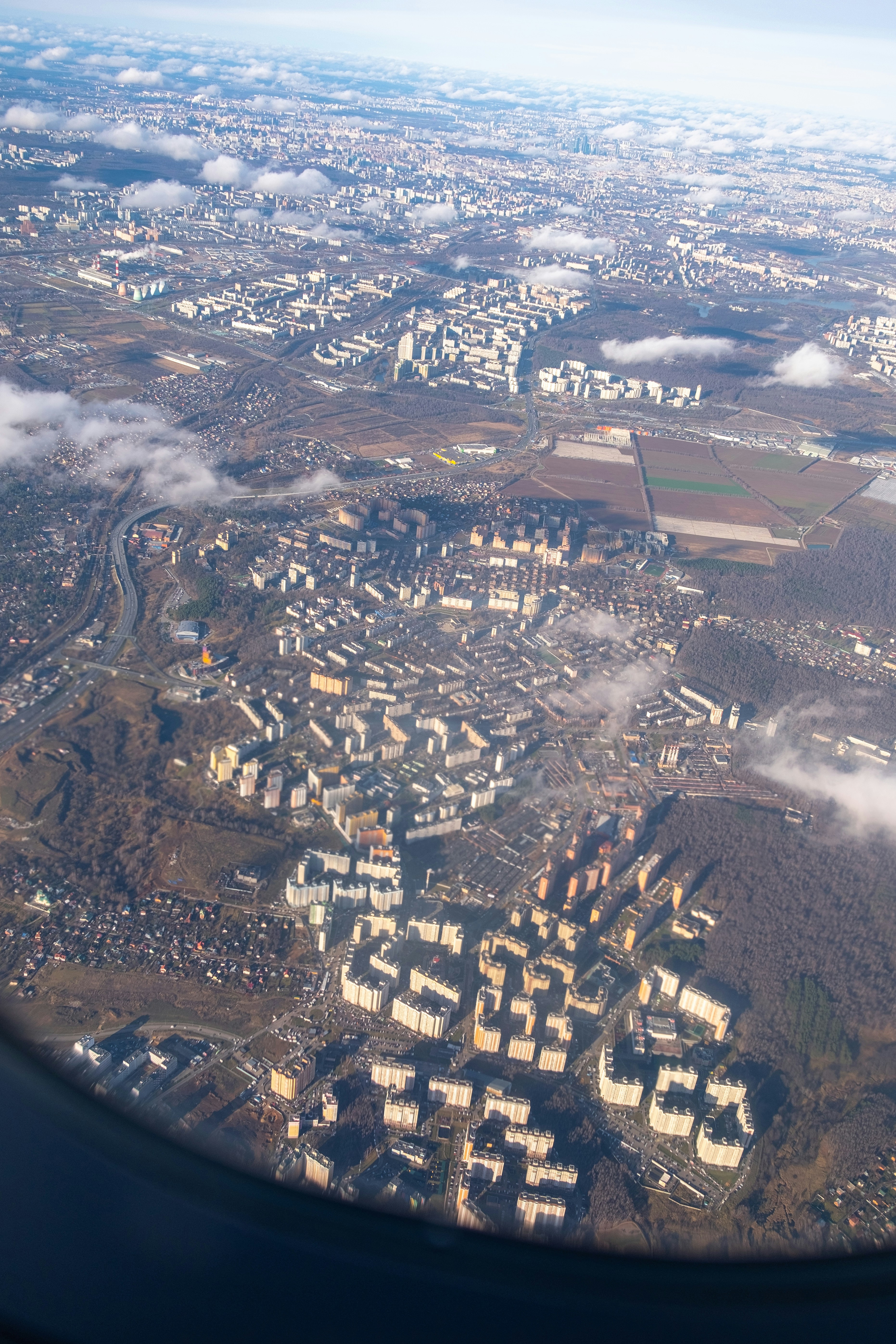 a view of a city from an airplane window