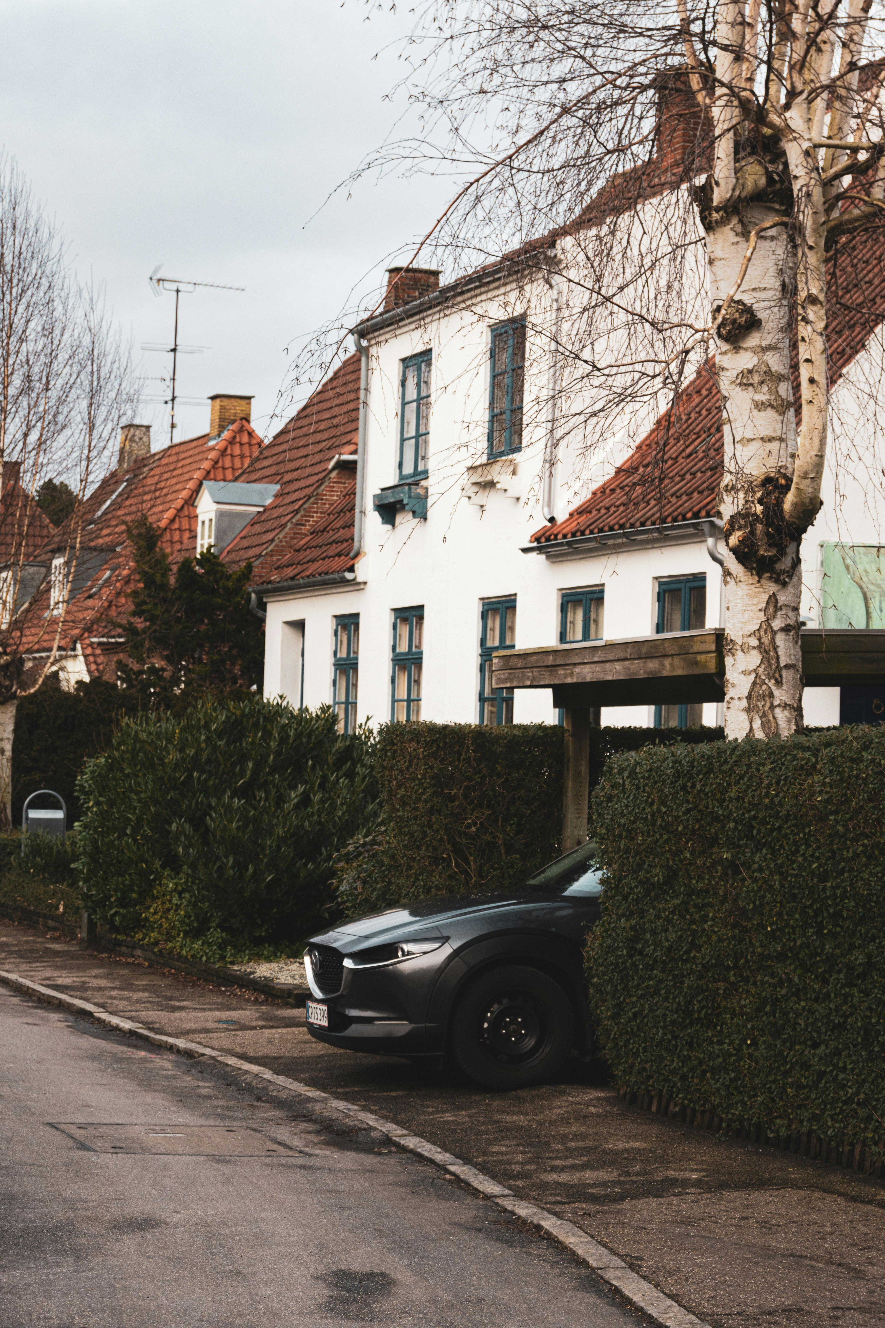 Silent Street: An SUV Nestled by Hedge-Lined Cottages