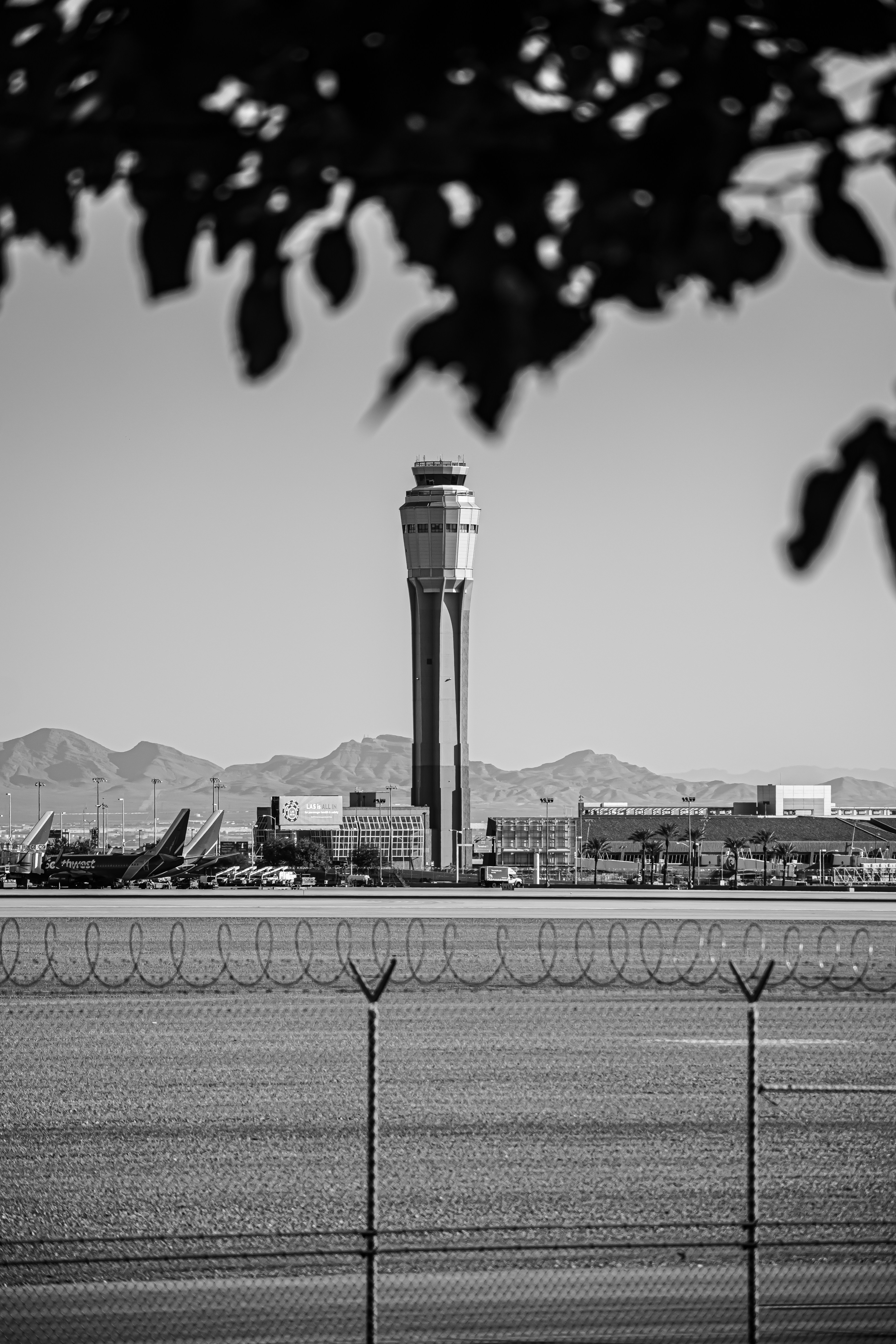 a black and white photo of an airport