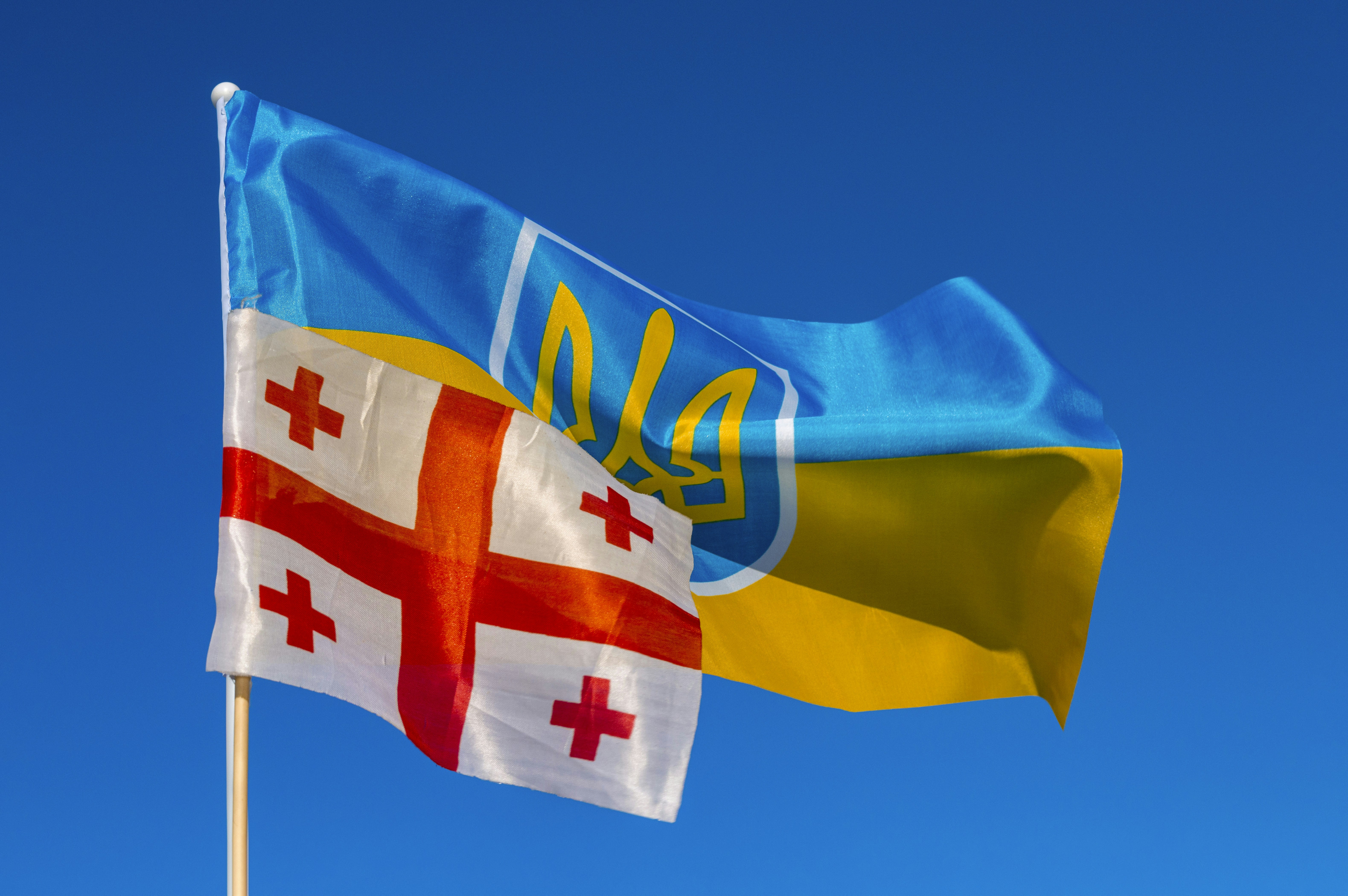 Flags of Ukraine and Georgia fluttering against a clear blue sky, symbolizing solidarity and partnership.
