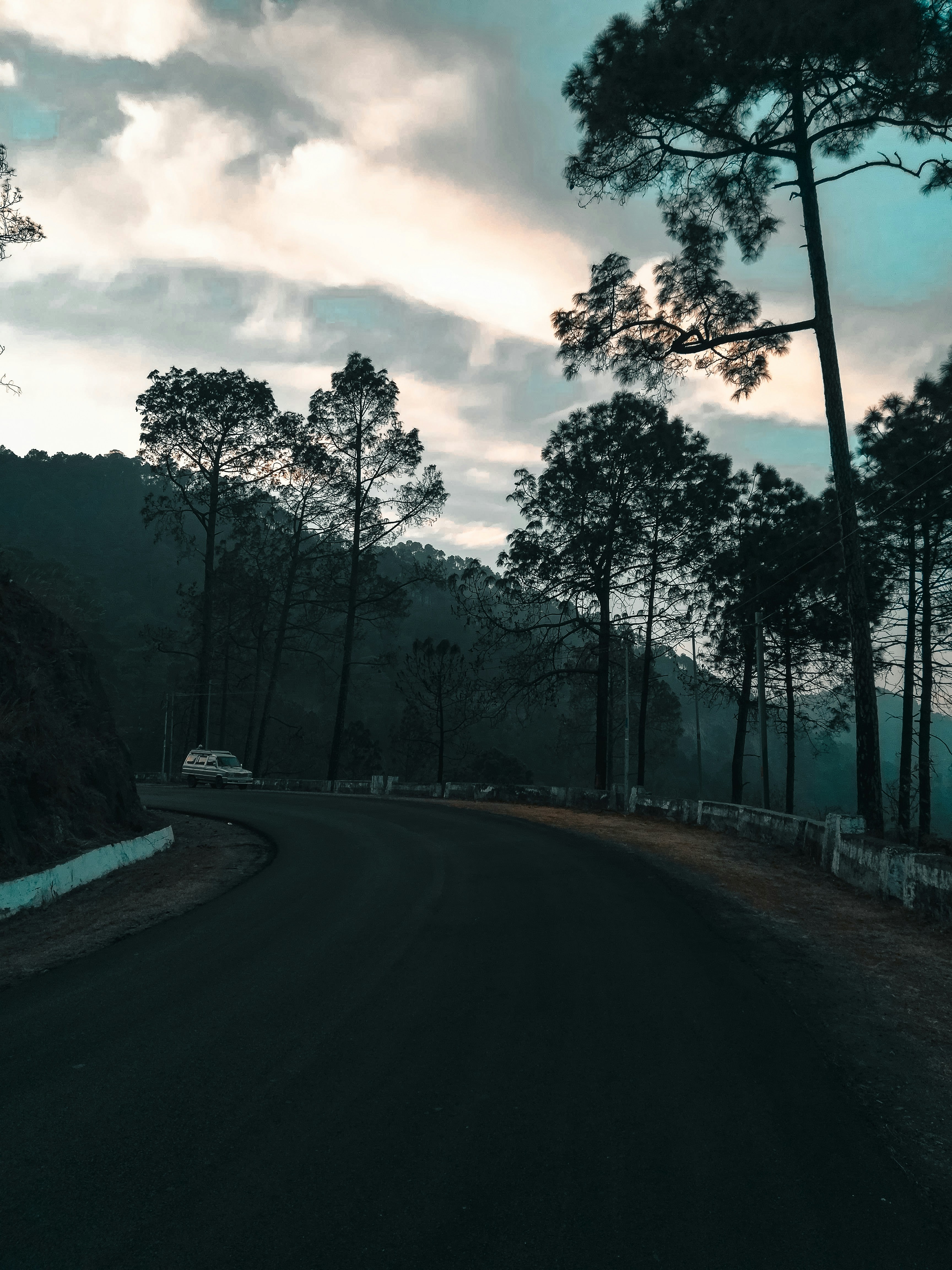 Curved road lined with tall pine trees, leading to a distant vehicle against a backdrop of misty mountains and a colorful sky.