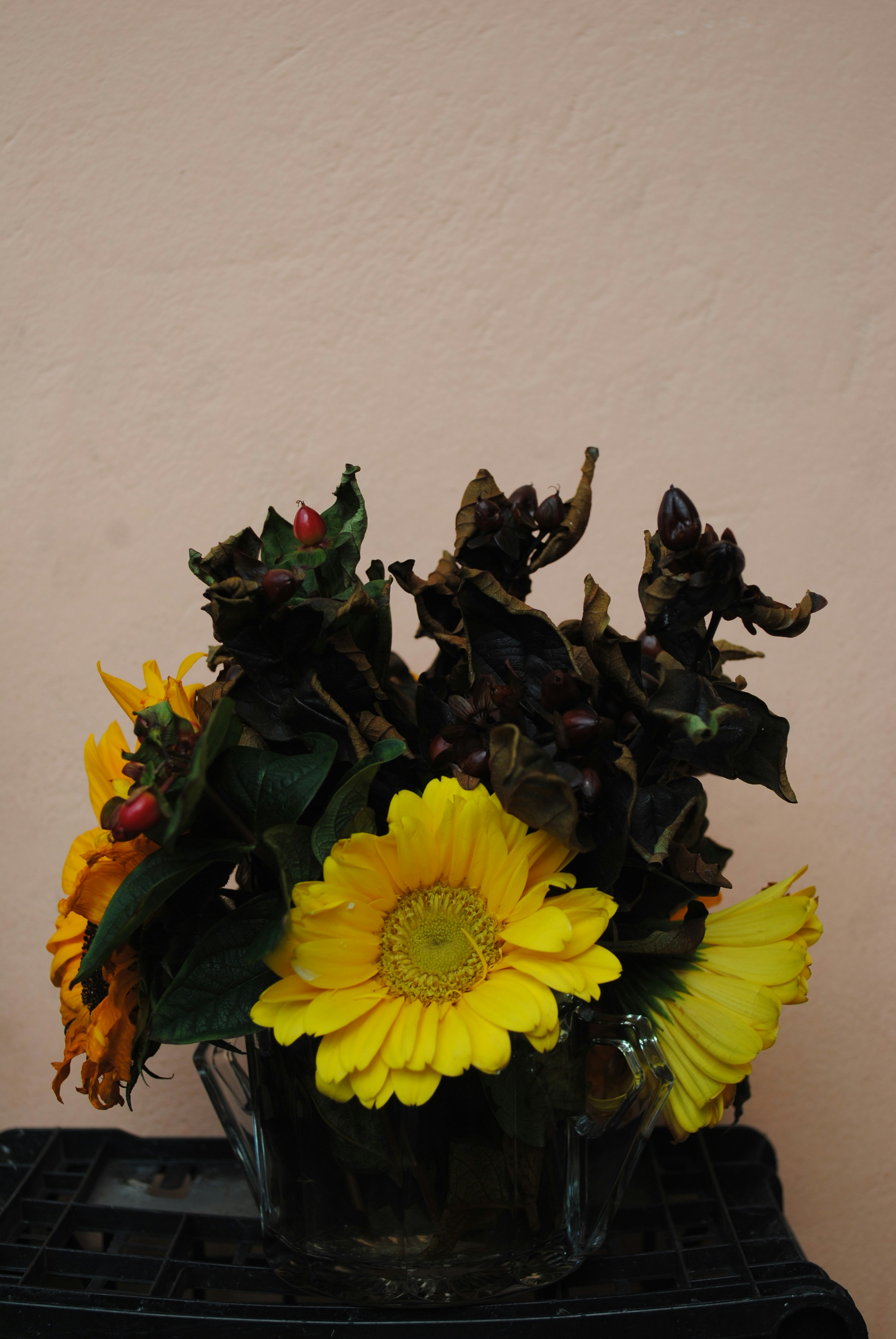 Sunflower Symphony in a Glass Vase on a Dark Grid