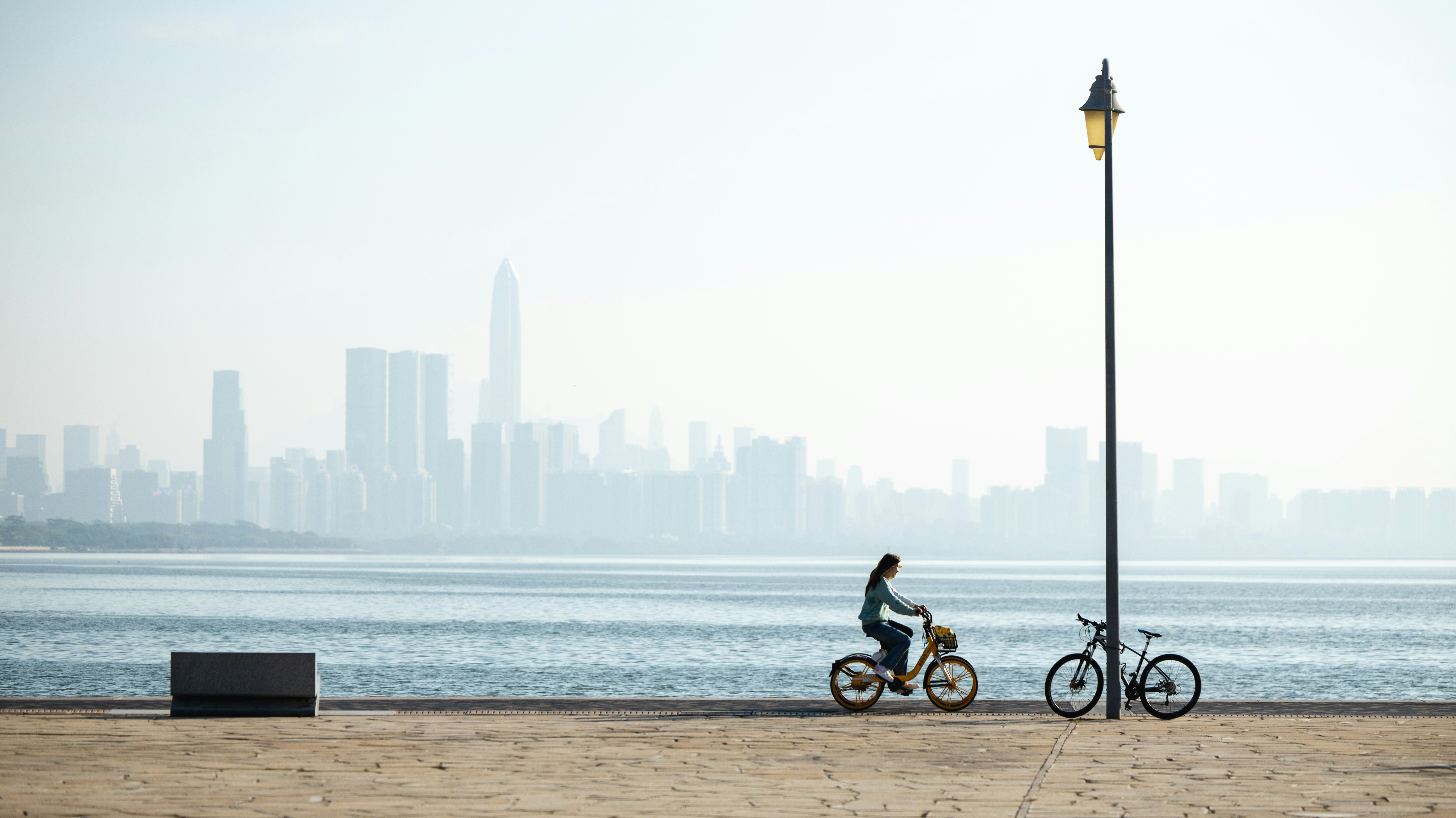 A cyclist glides along a waterfront path with a city skyline in the background, framed by two parked bicycles and a lamppost. The scene captures a moment of tranquility in an urban setting.