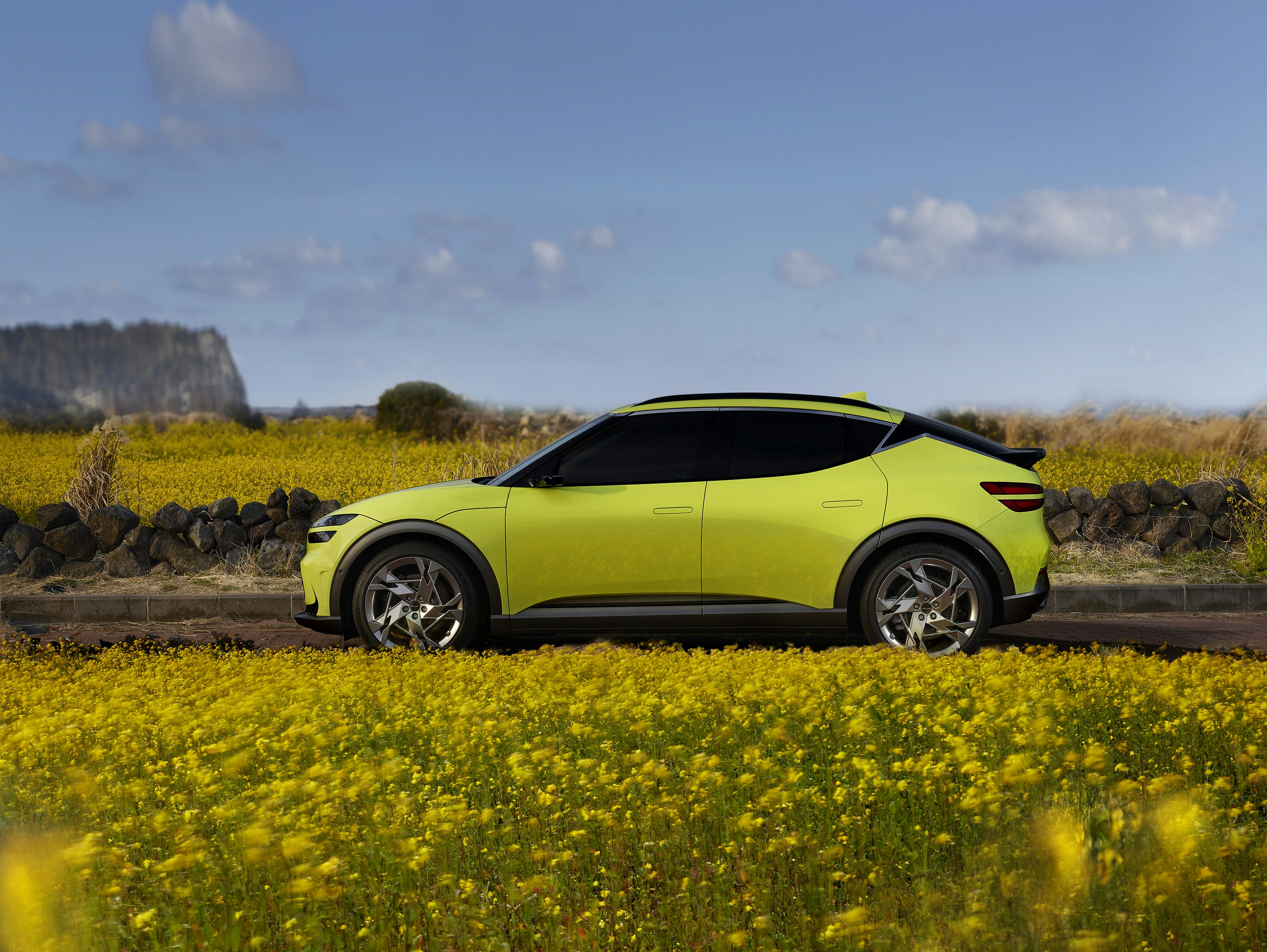 A sleek, lime-green SUV parked alongside a vibrant field of yellow flowers under a clear blue sky.