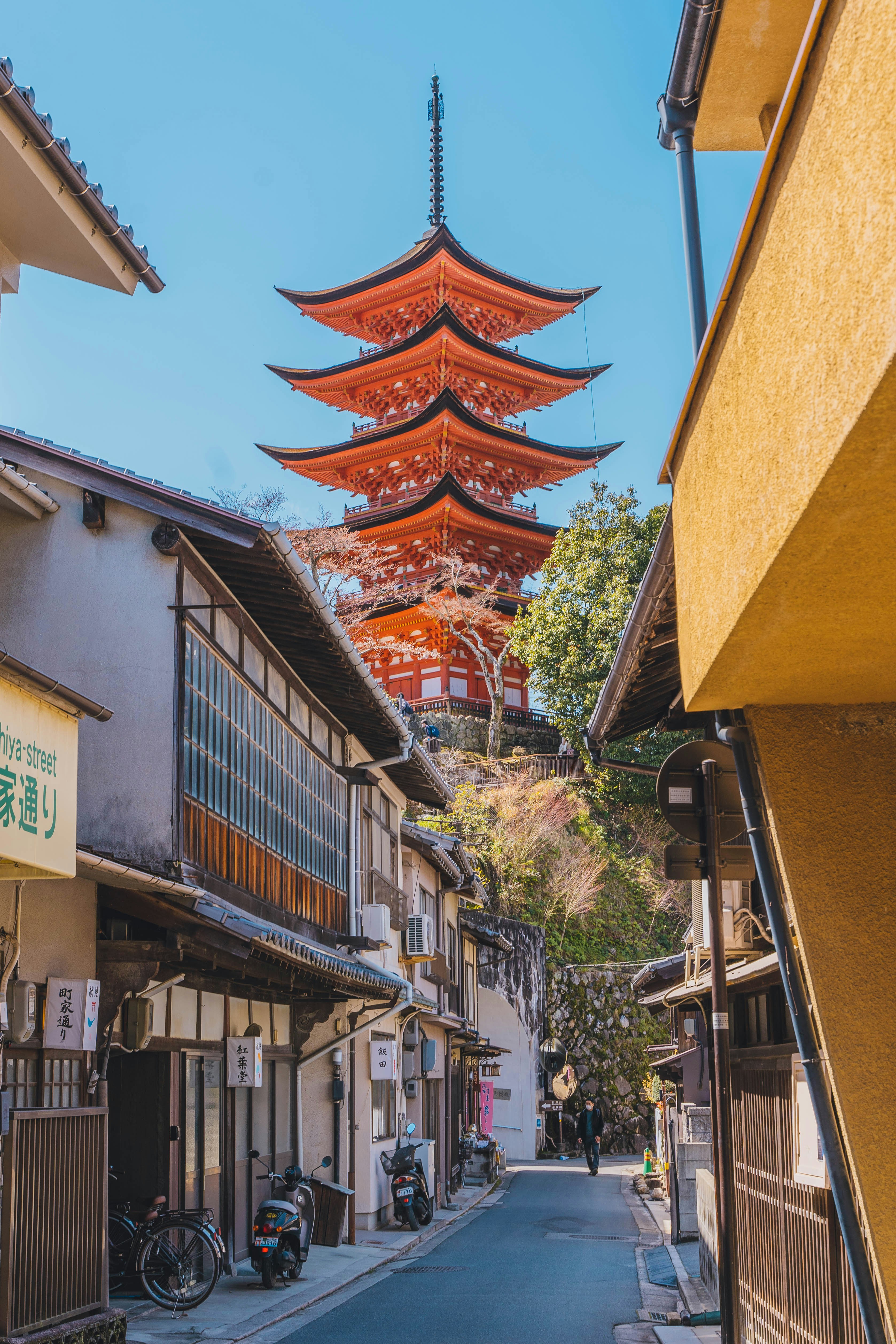 A beautiful street on the island of Miyajima in Japan with a pagoda in the background. | a street with buildings and trees